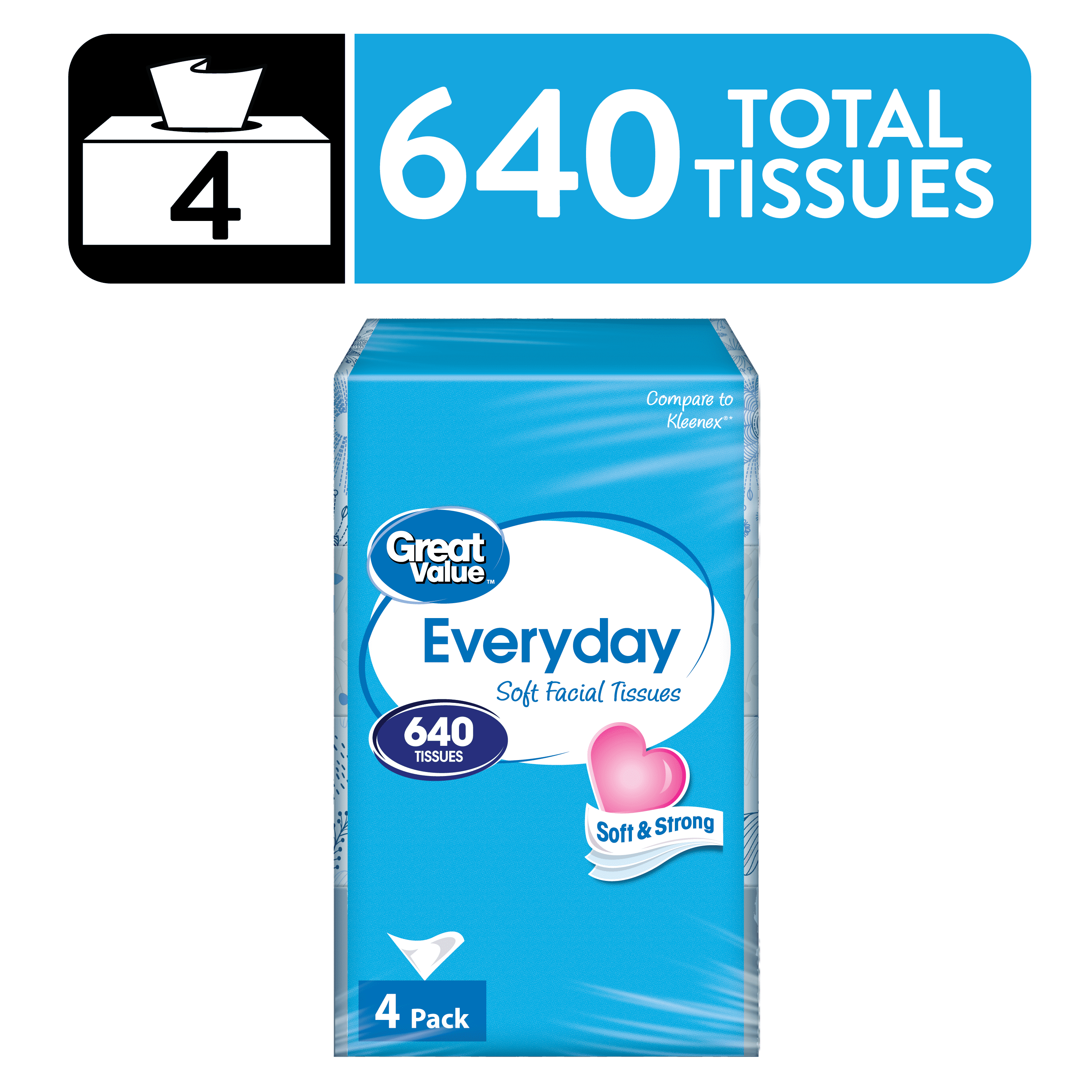 Great Value Everyday Soft Facial Tissues, 4 Flat Cartons, 160 Tissues ...
