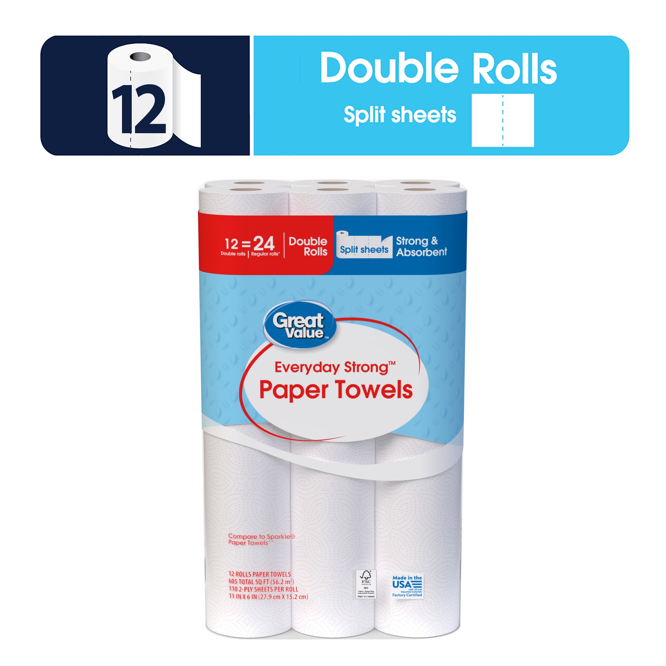 Great Value Everyday Strong Paper Towels, Split Sheets, 12 Double Rolls ...
