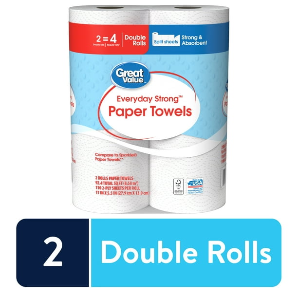 Great Value Everyday Strong Paper Towels, Split Sheets, 2 Double Rolls ...