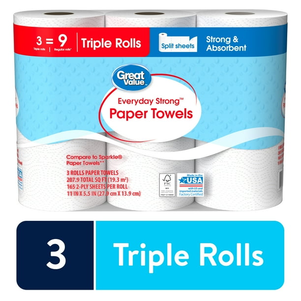 Great Value Everyday Strong Paper Towels, Split Sheets, 3 Triple Rolls ...