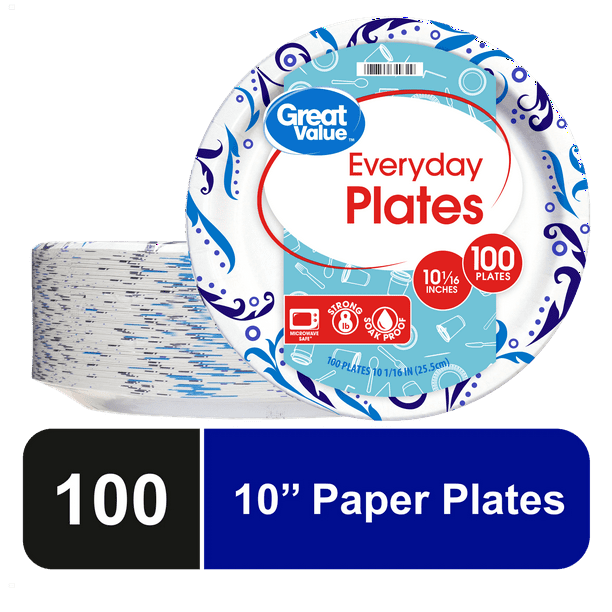 Great Value Everyday Disposable Paper Plates, 10", White, 100 Count ...