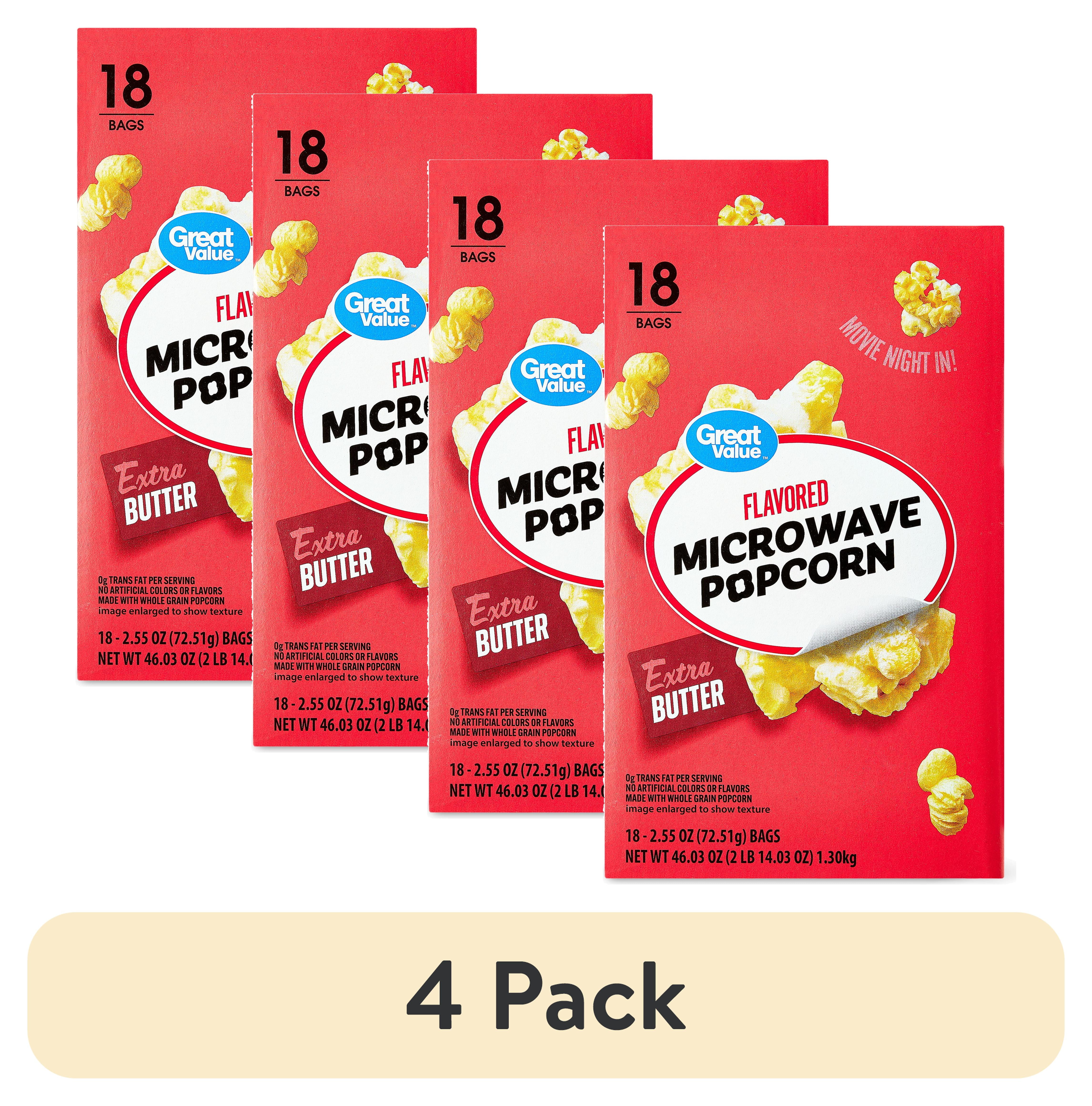 (4 pack) Great Value Extra Butter Flavored Microwave Popcorn, 18 count ...