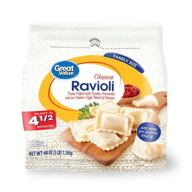 Great Value Family Size Cheese Ravioli, Pasta, 48 oz Bag (Frozen ...