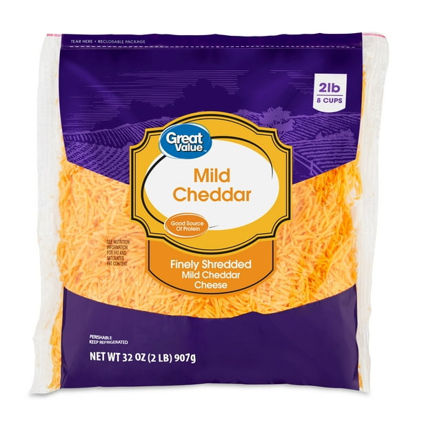 Great Value Finely Shredded Mild Cheddar Cheese, 32 oz Bag (Plastic ...