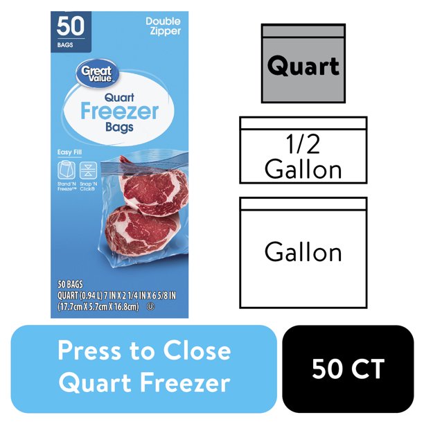 Great Value Freezer Guard Double Zipper Freezer Bags, Quart, 50 Count ...