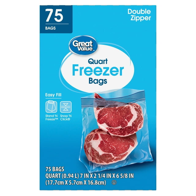 Great Value Freezer Guard Double Zipper Freezer Bags, Quart, 75 Count ...