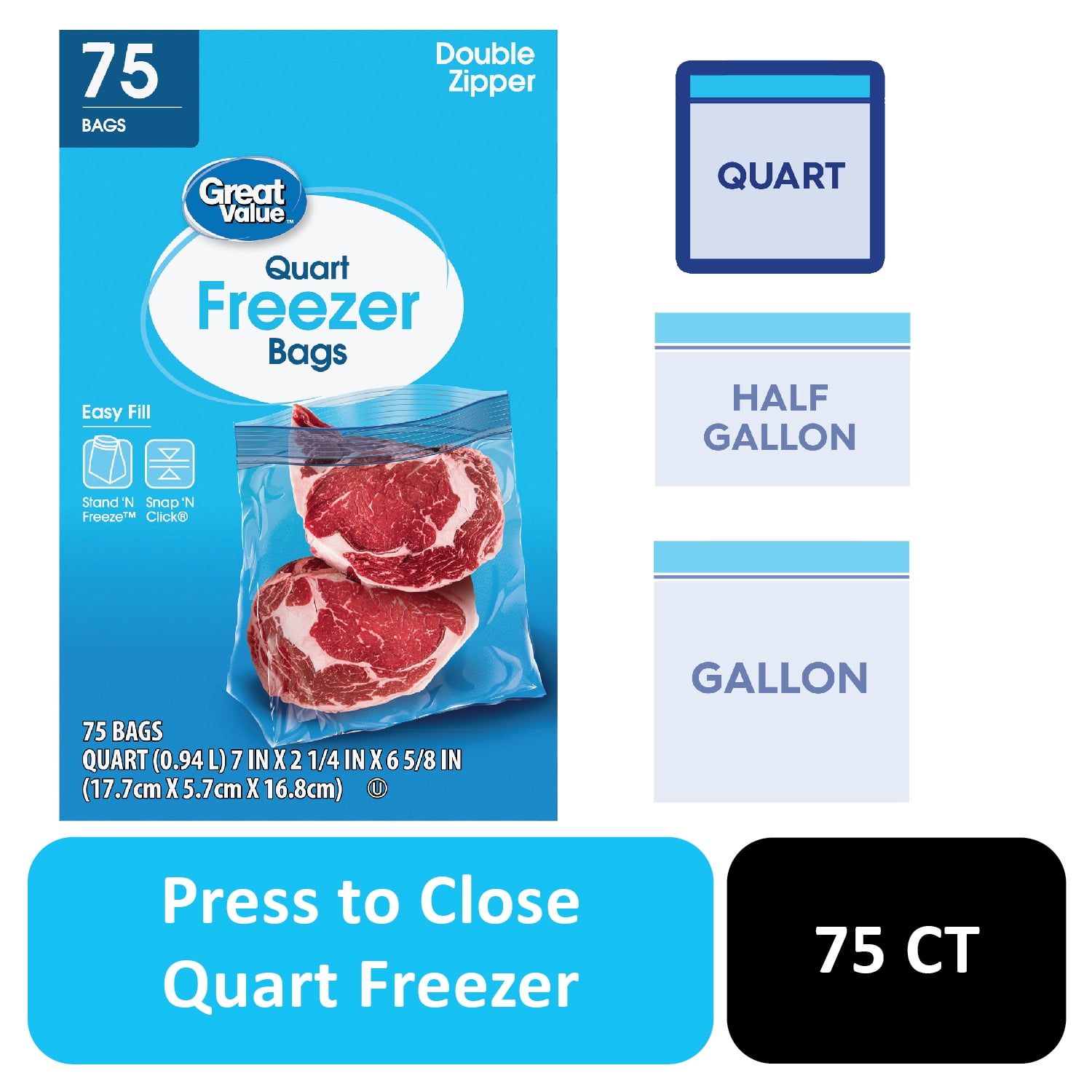 Great Value Freezer Guard Double Zipper Quart Freezer Bags, 75 Count ...