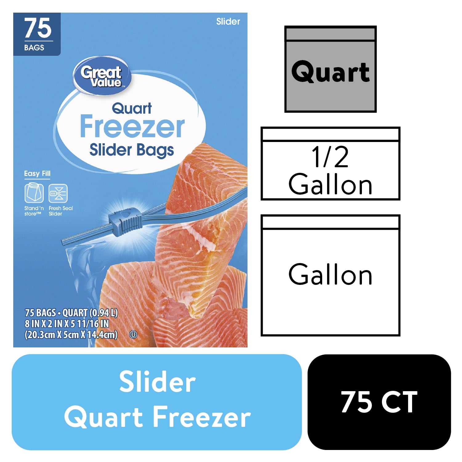 Great Value Freezer Guard Slider Zipper Bags, Quart Freezer, 75 Count ...