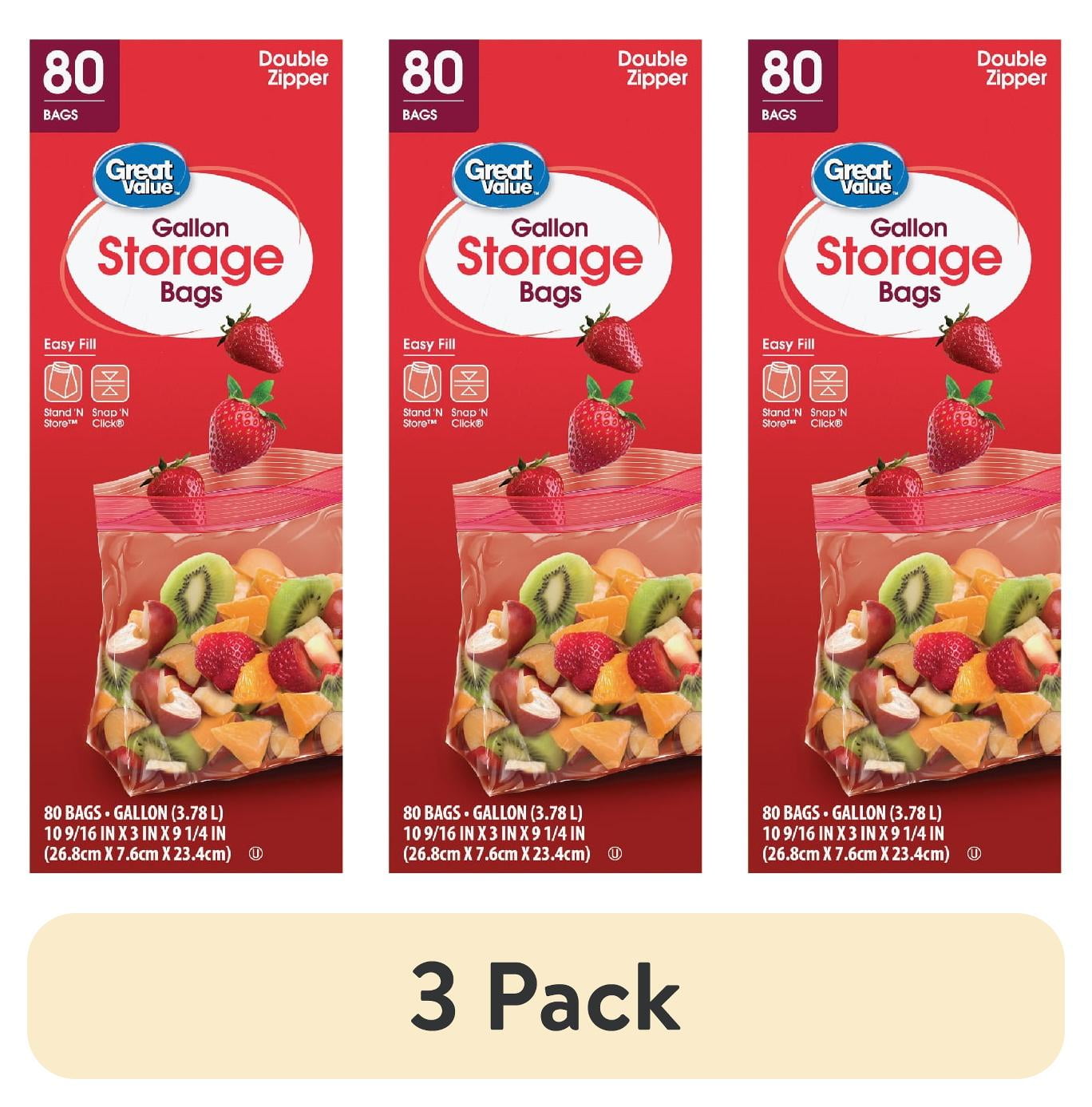 (3 pack) Great Value Fresh Seal Double Zipper Storage Bags, Gallon, 80 ...