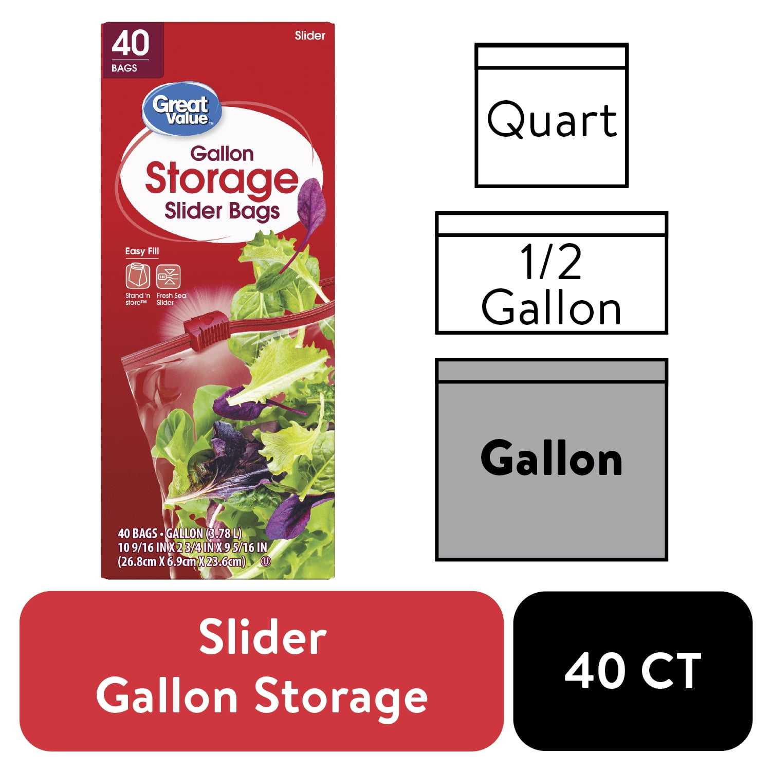 Great Value Fresh Seal Slider Zipper Bags, Gallon Storage, 40 Count ...