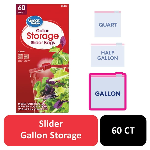 Great Value Fresh Seal Slider Zipper Bags, Gallon Storage, 60 Count ...