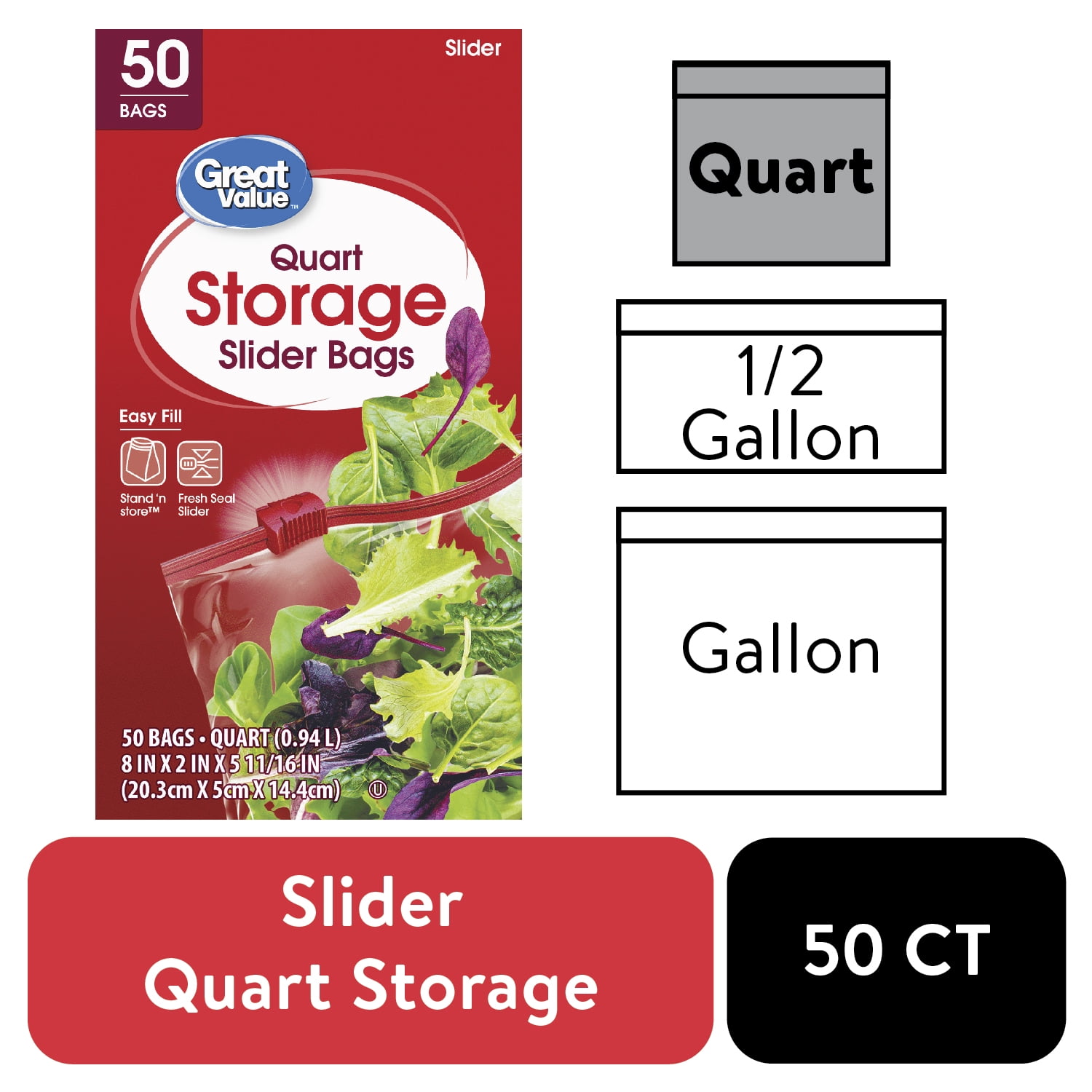 Great Value Fresh Seal Slider Zipper Bags, Quart Storage, 50 Count ...