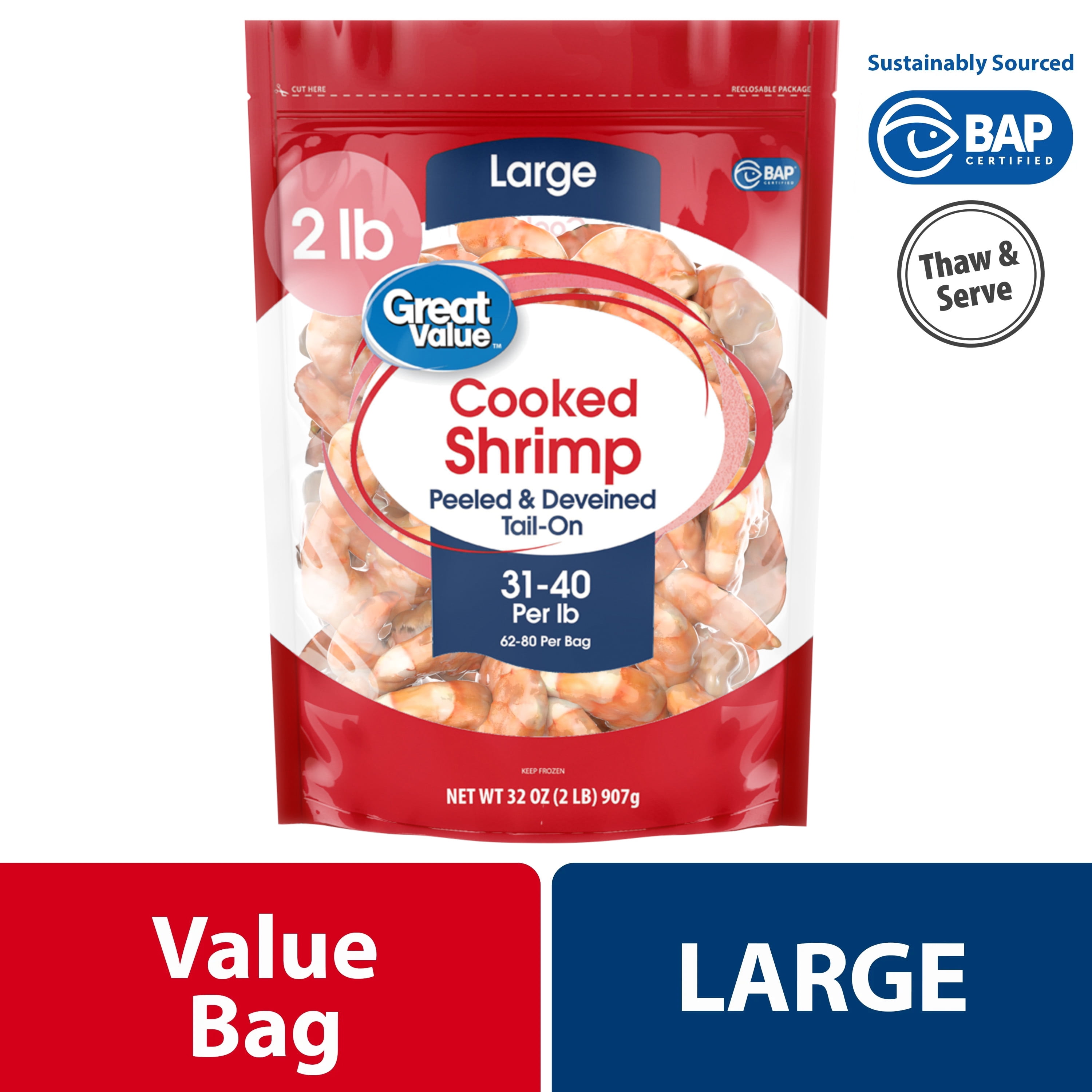 Great Value Frozen Cooked Large Peeled Deveined Tail-on Shrimp, 31-40 ...
