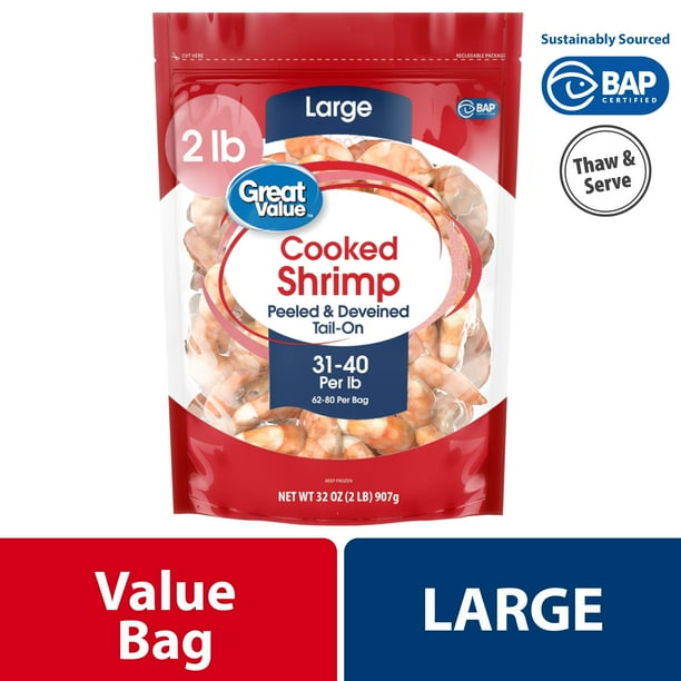 Great Value Frozen Cooked Large Peeled Deveined Tail-on Shrimp, (31-40 ...