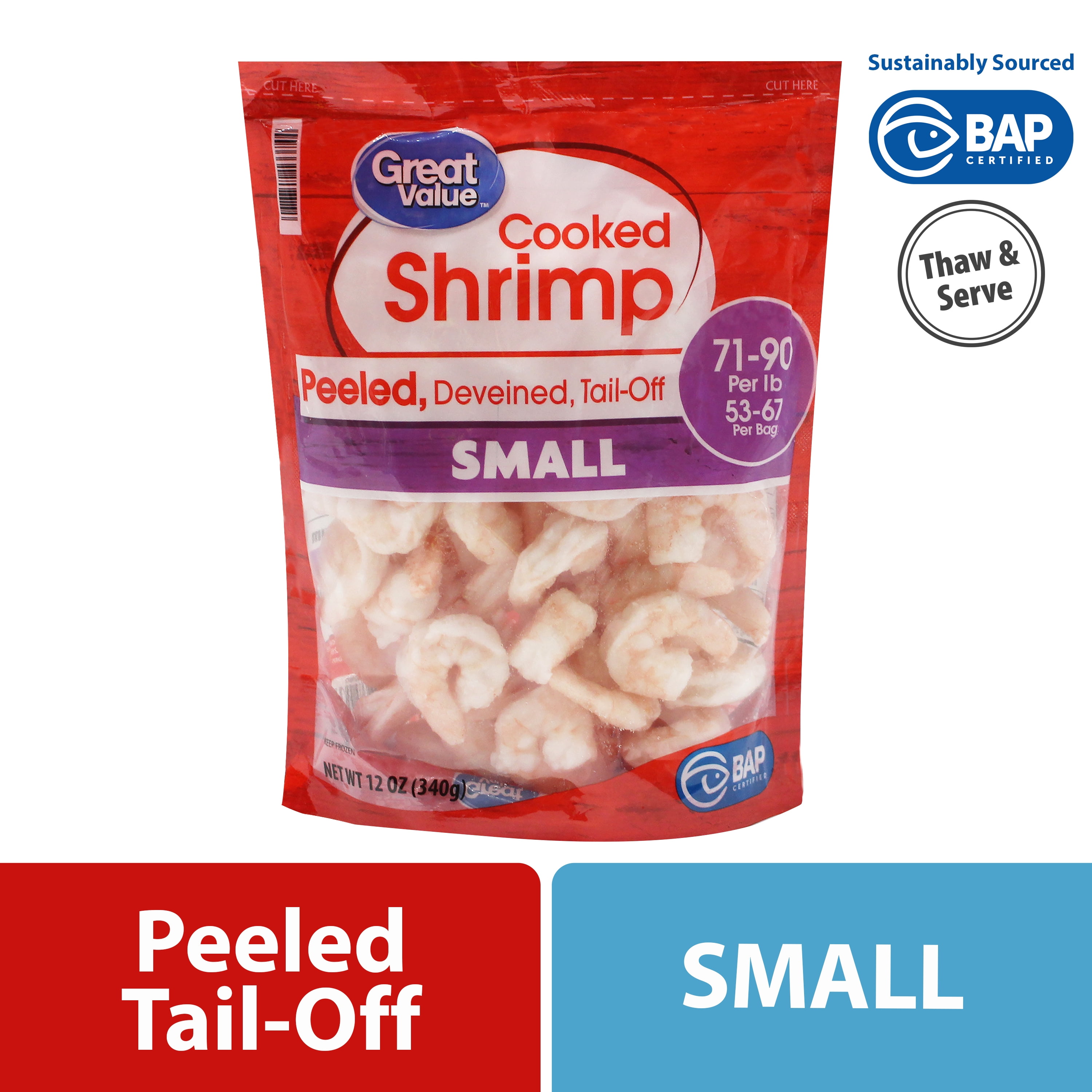 Great Value Frozen Cooked Small Peeled & Deveined, Tail-off Shrimp, 12 ...