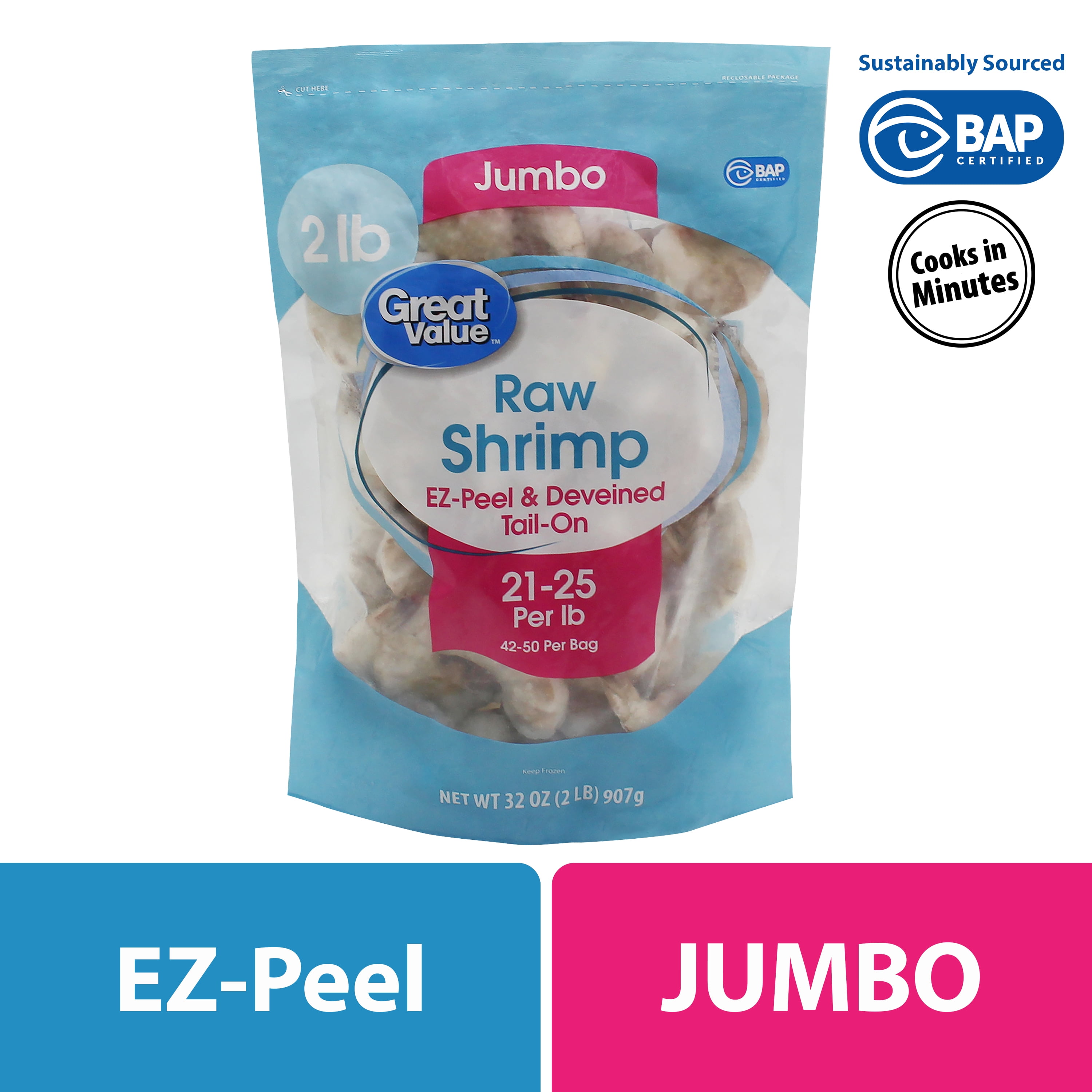Great Value Frozen Raw Jumbo Shell-on, Tail-on, Easy Peel Shrimp, 32 oz ...