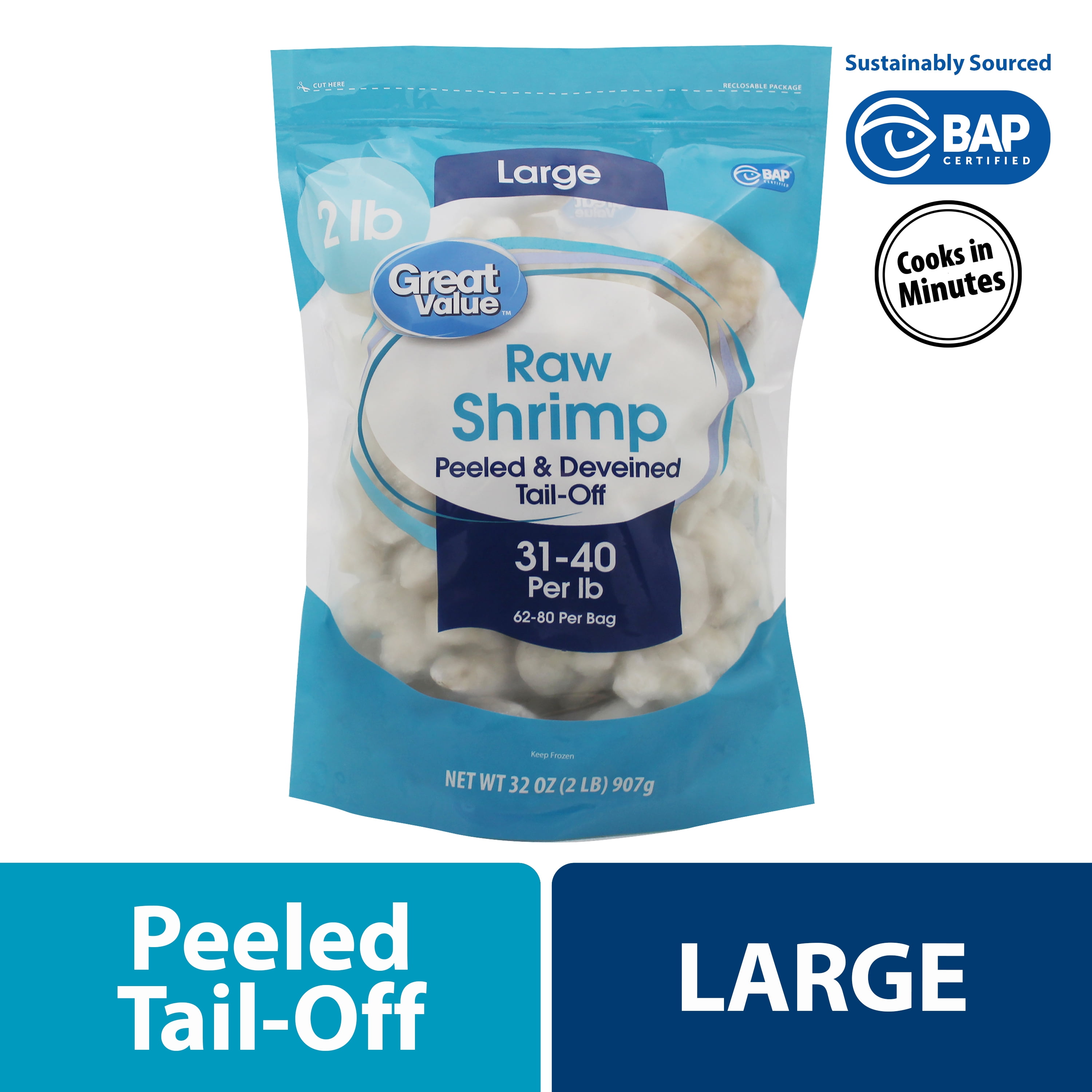 Great Value Frozen Raw Large Peeled & Deveined, Tail-off Shrimp, 2 lb ...
