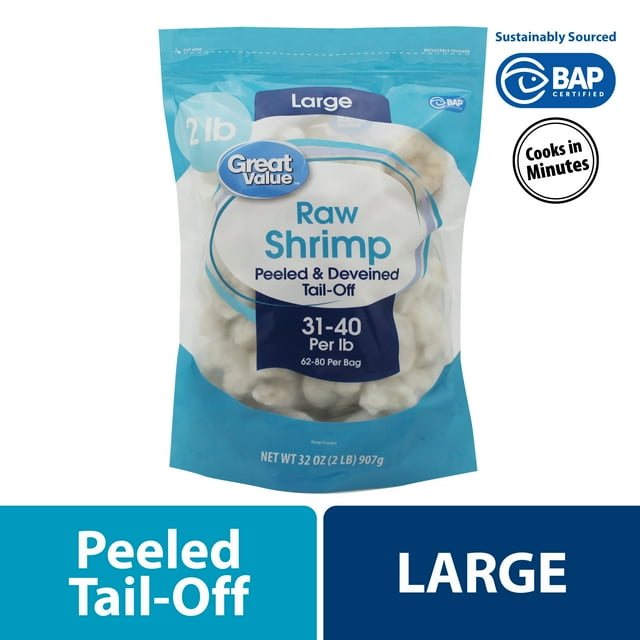 Great Value Frozen Raw Large Peeled & Deveined, Tail-off Shrimp, 2 lb ...