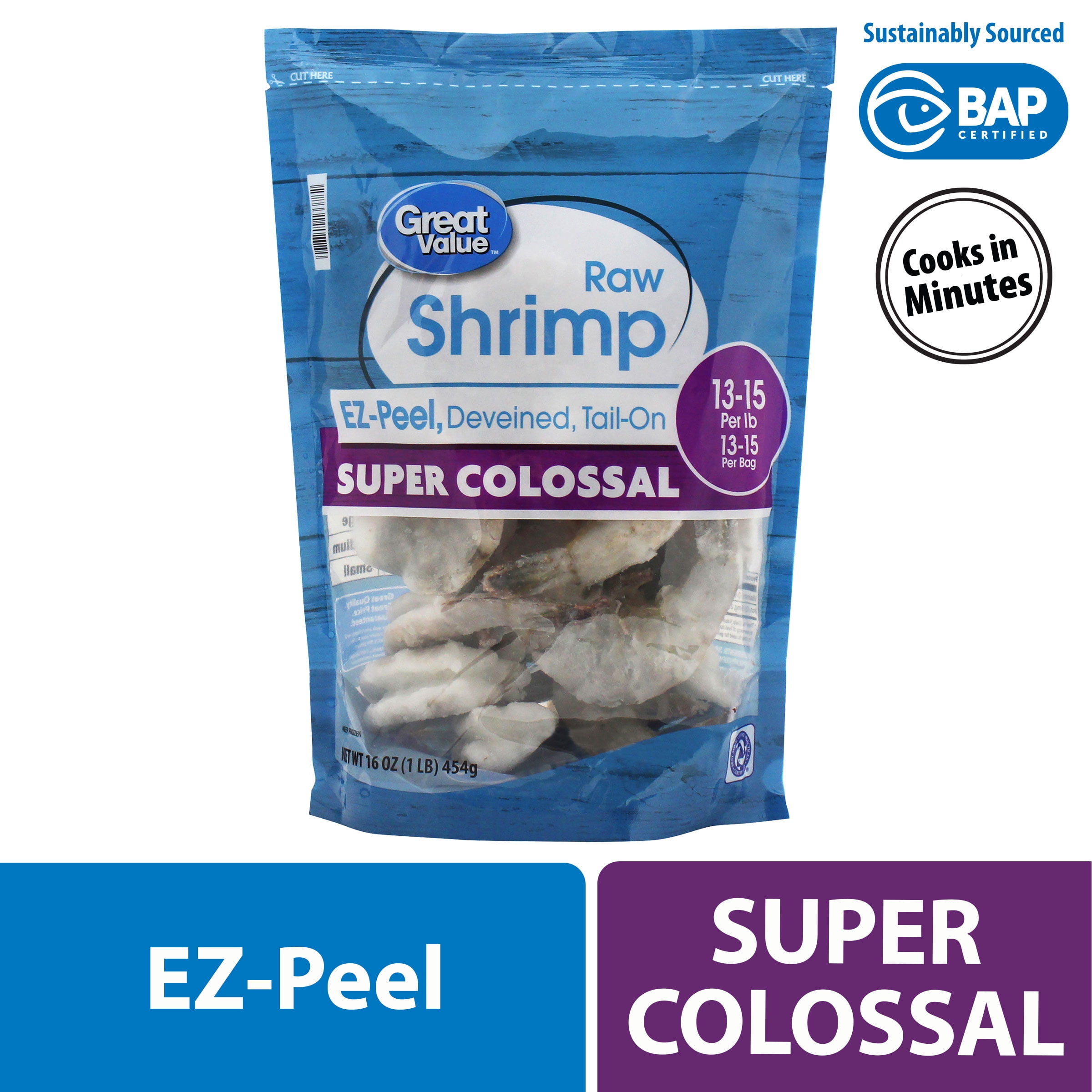 Great Value Frozen Raw Super Colossal Shell-on Tail-on Easy Peel Shrimp ...