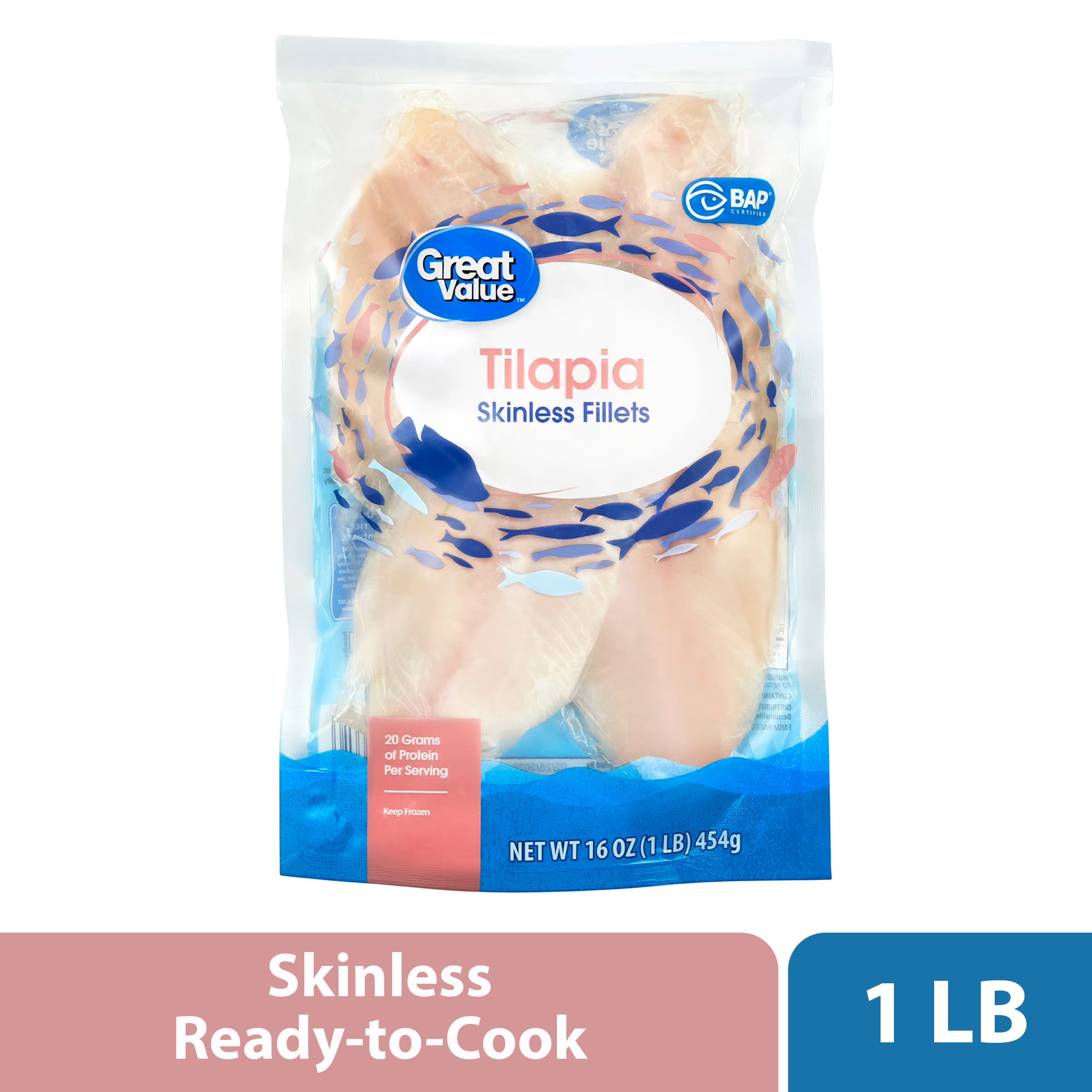 Great Value Frozen Tilapia Fillets 1 lb Boneless Skinless Freshwater ...