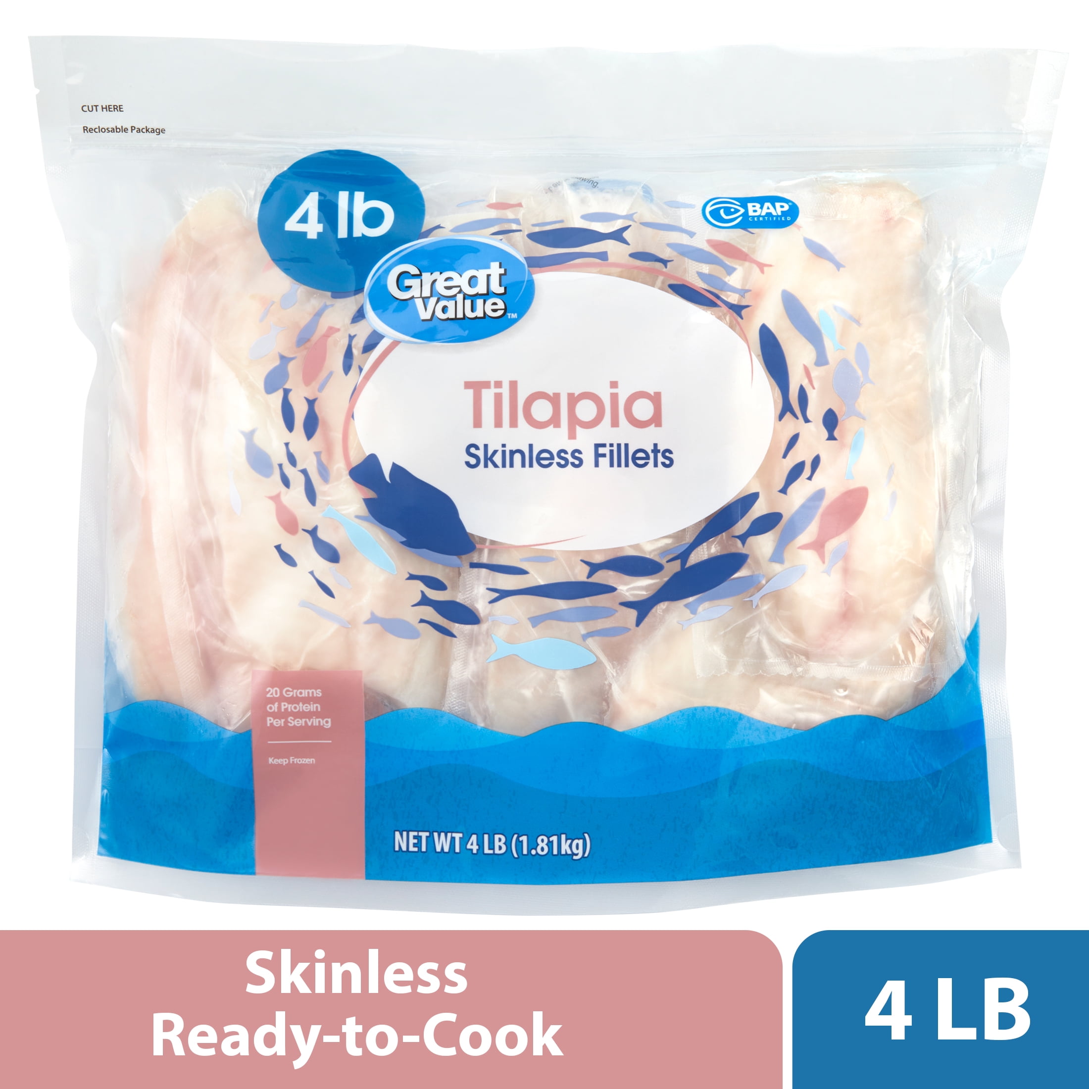 Great Value Frozen Tilapia Fillets 4 lb Skinless Boneless Fish with ...