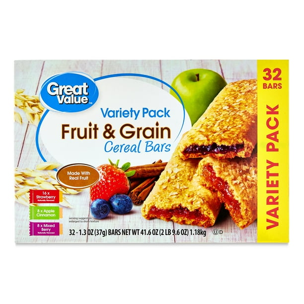 Great Value Fruit & Grain Cereal Bars, Variety Pack, 1.3 oz, 32 Count ...