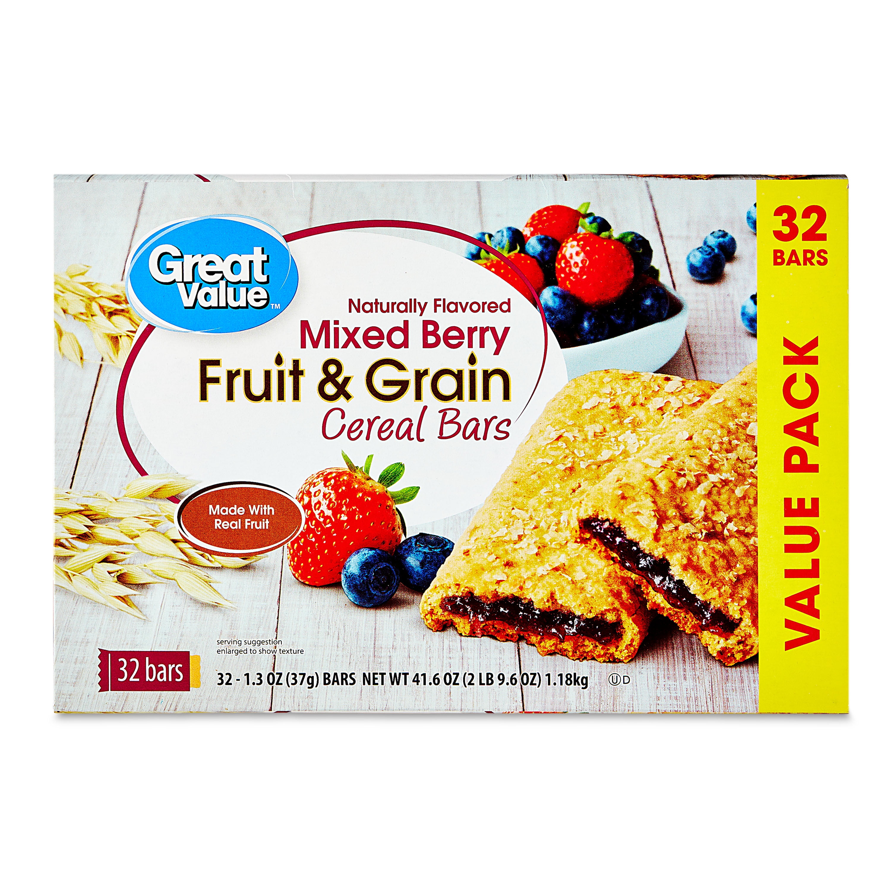 Great Value Fruit & Grain Cereal Bars, Mixed Berry, 1.3 oz, 32 Count - Walmart.com