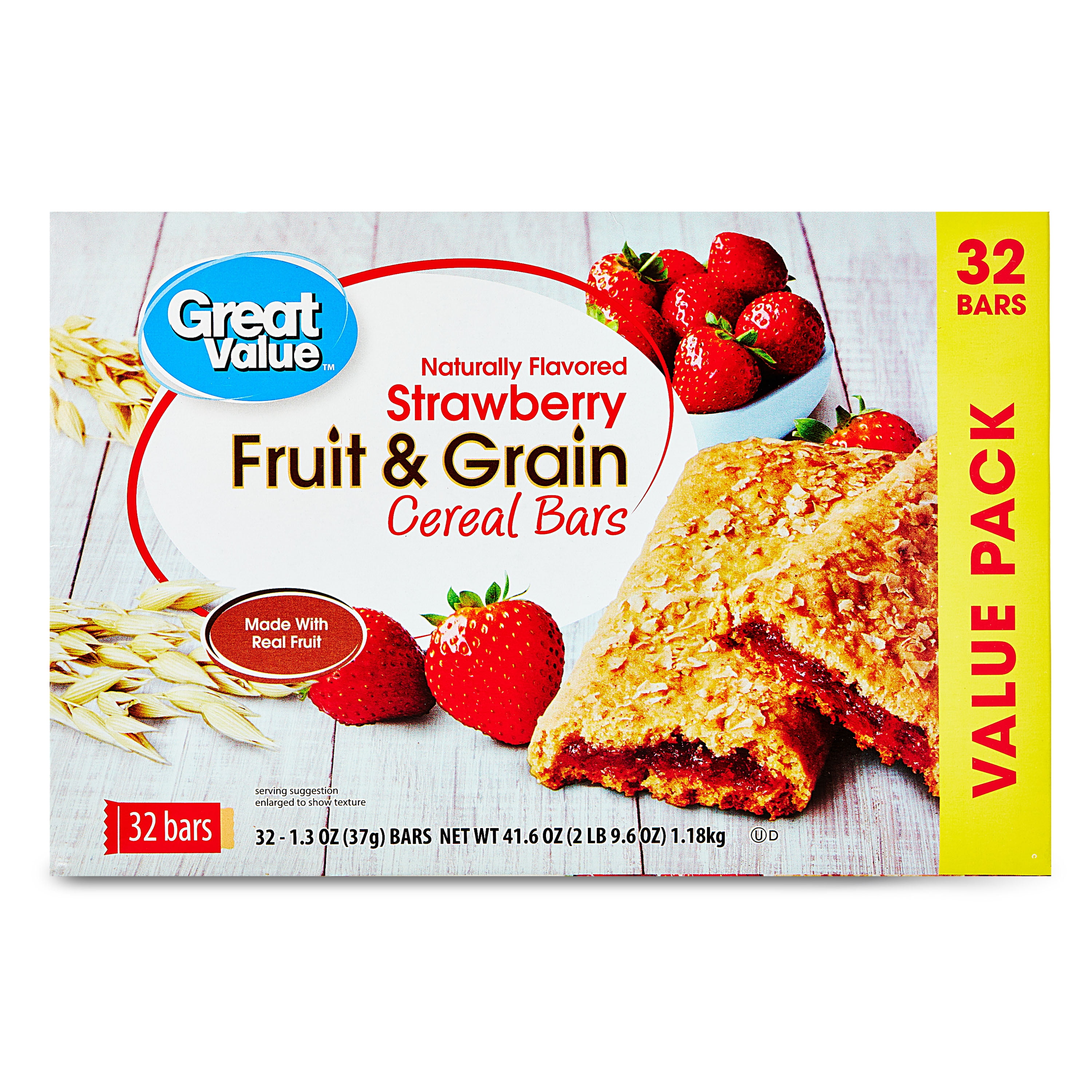 Great Value Fruit & Grain Cereal Bars, Strawberry, 1.3 oz, 32 Count ...