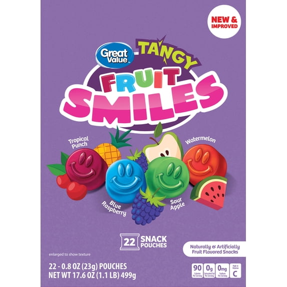 Great Value Tangy Fruit Smiles Snacks 22 Count with Tropical Punch Blue ...