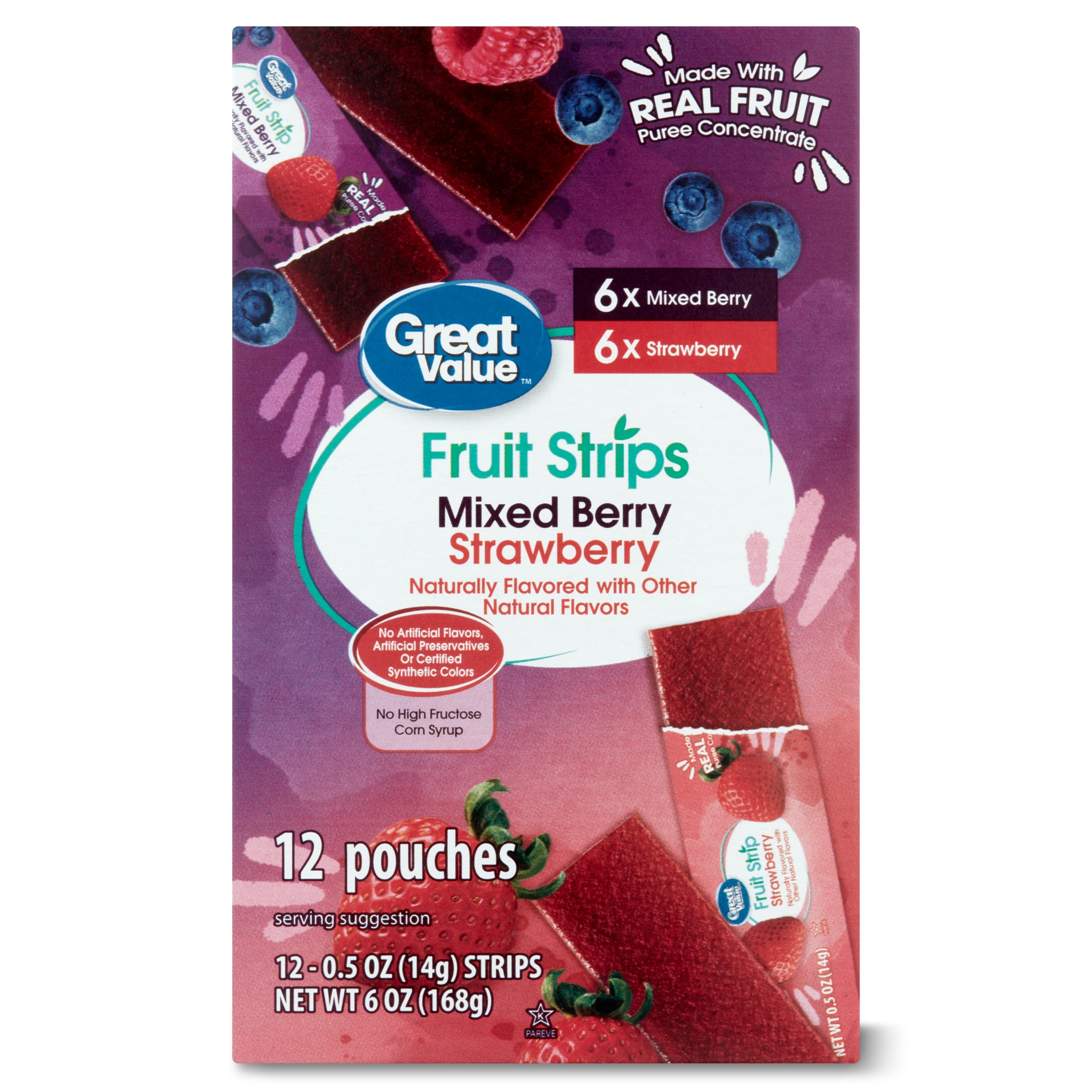 Great Value Fruit Strips Variety Pack, Mixed Berry & Strawberry, 12 ...