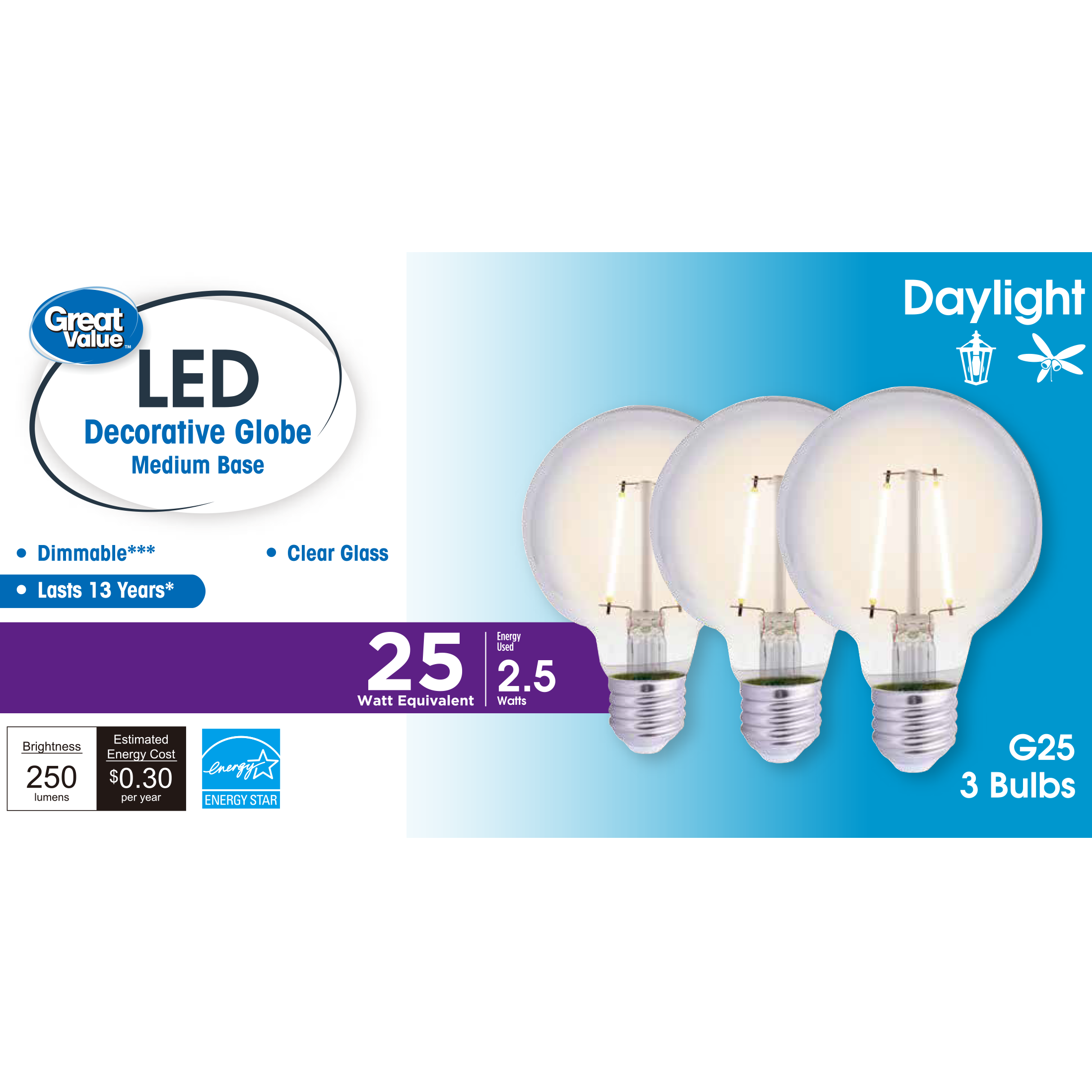 Great Value LED Light Bulb, 2.5 Watts (25W Equivalent) B10 Deco Lamp ...