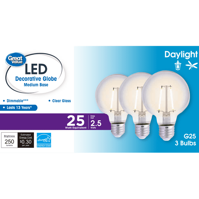 Great Value G25 LED Bulb, 2.5-Watt (25W Equivalent) Daylight Decorative ...