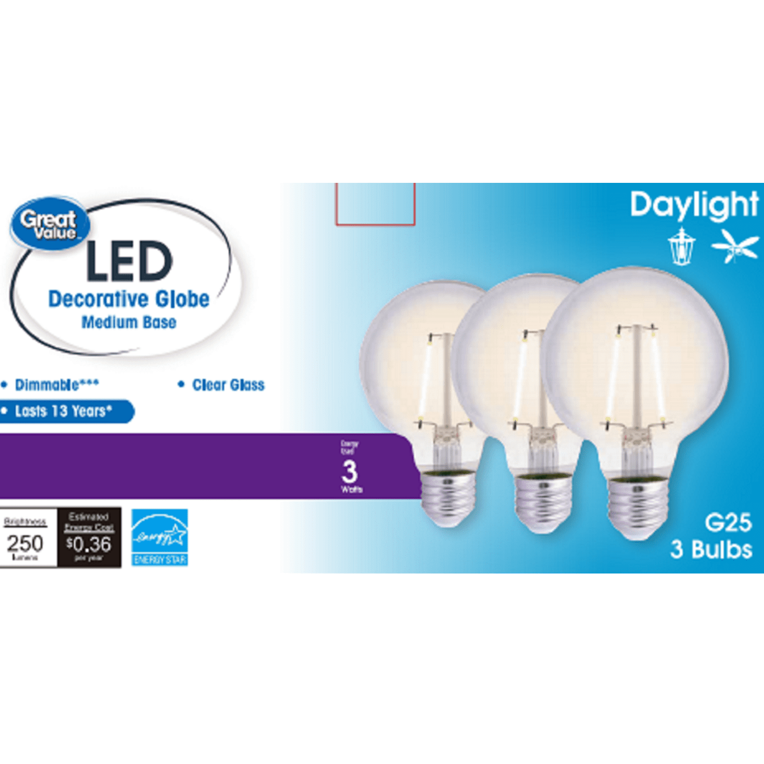 Great Value G25 LED Bulb, 3-Watt (25W Equivalent) Daylight White ...