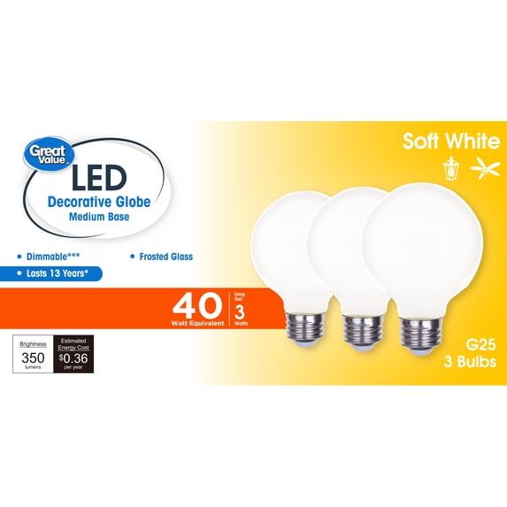 Great Value LED Globe Bulb Dimmable 3W 40W Equivalent Soft White E26 ...