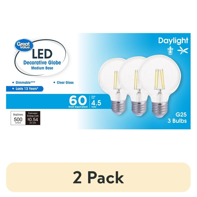 (2 pack) Great Value G25 LED Bulb, 3-Watt (60W Equivalent) Daylight ...
