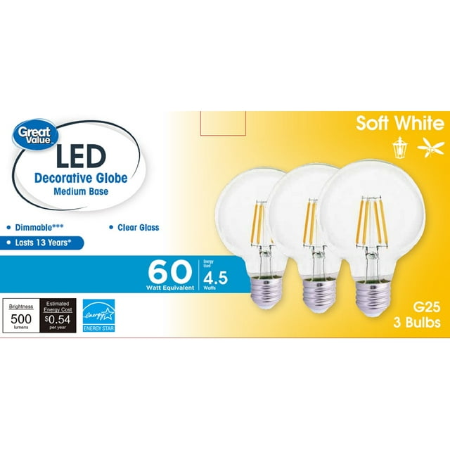 Great Value G25 LED Bulb, 4.5-Watt (60W Equivalent) Soft White ...