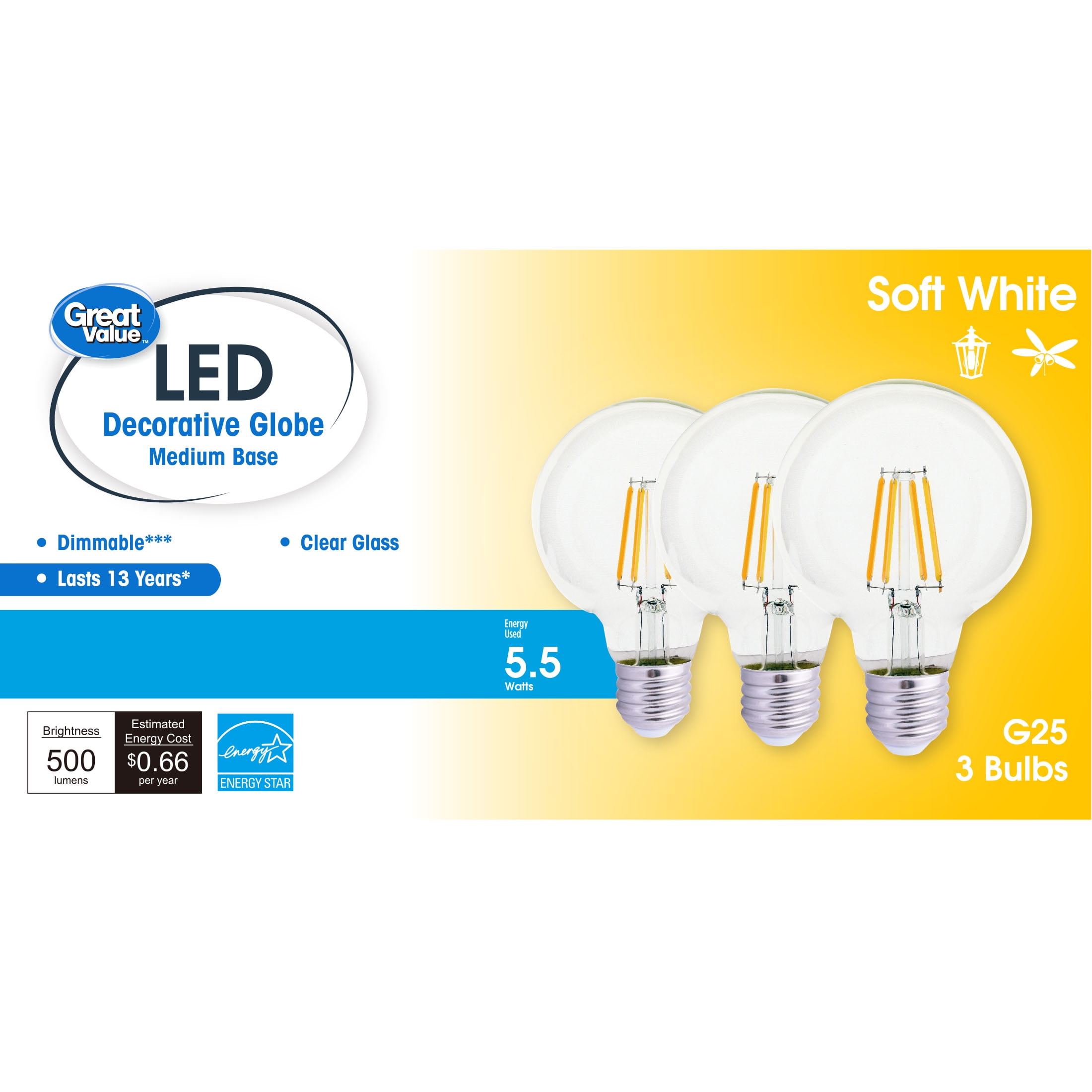 Great Value G25 LED Bulb, 5.5-Watt (60W Equivalent) Soft White Dimmable ...