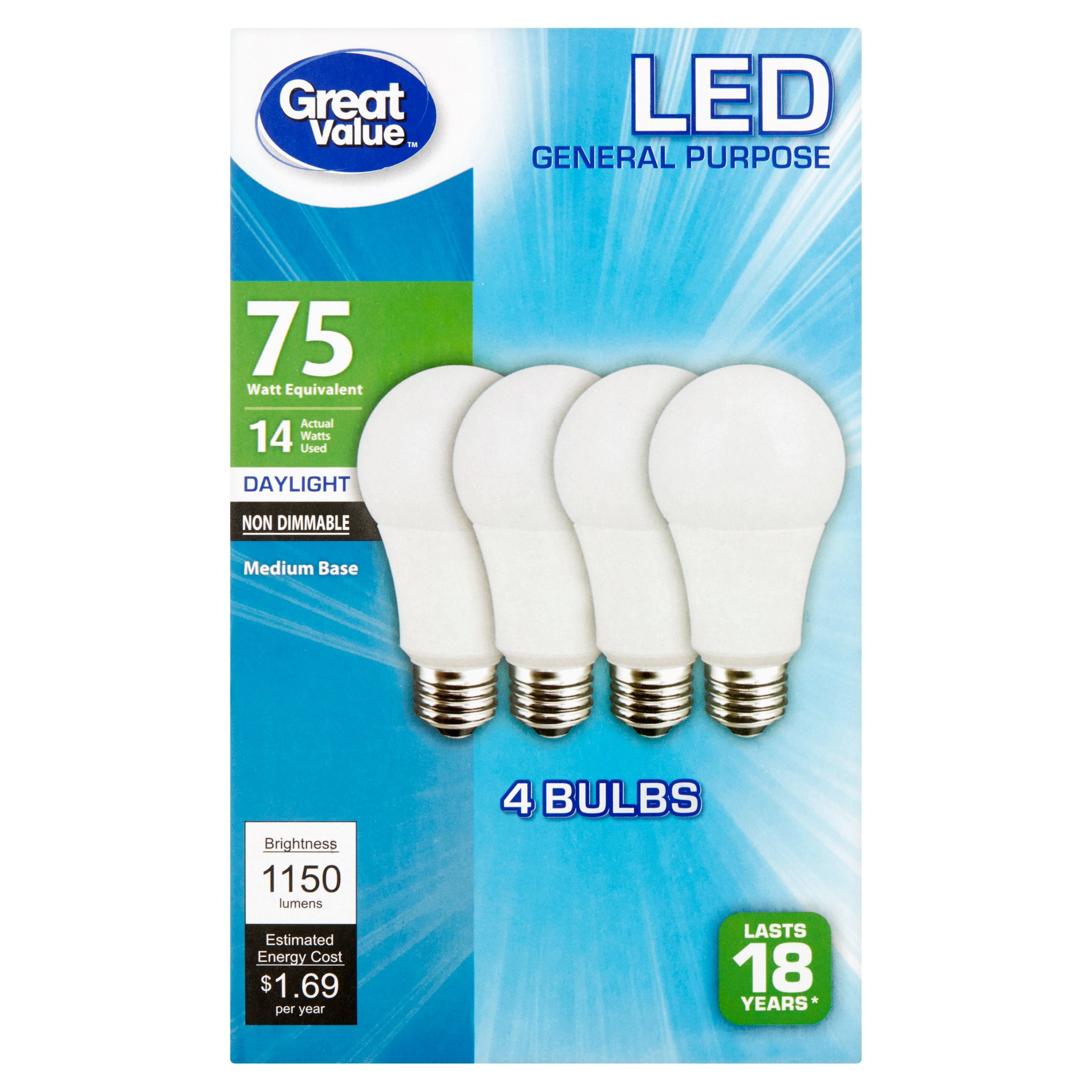 Great Value General Purpose Medium Base LED Bulbs, 4 count - Walmart.com