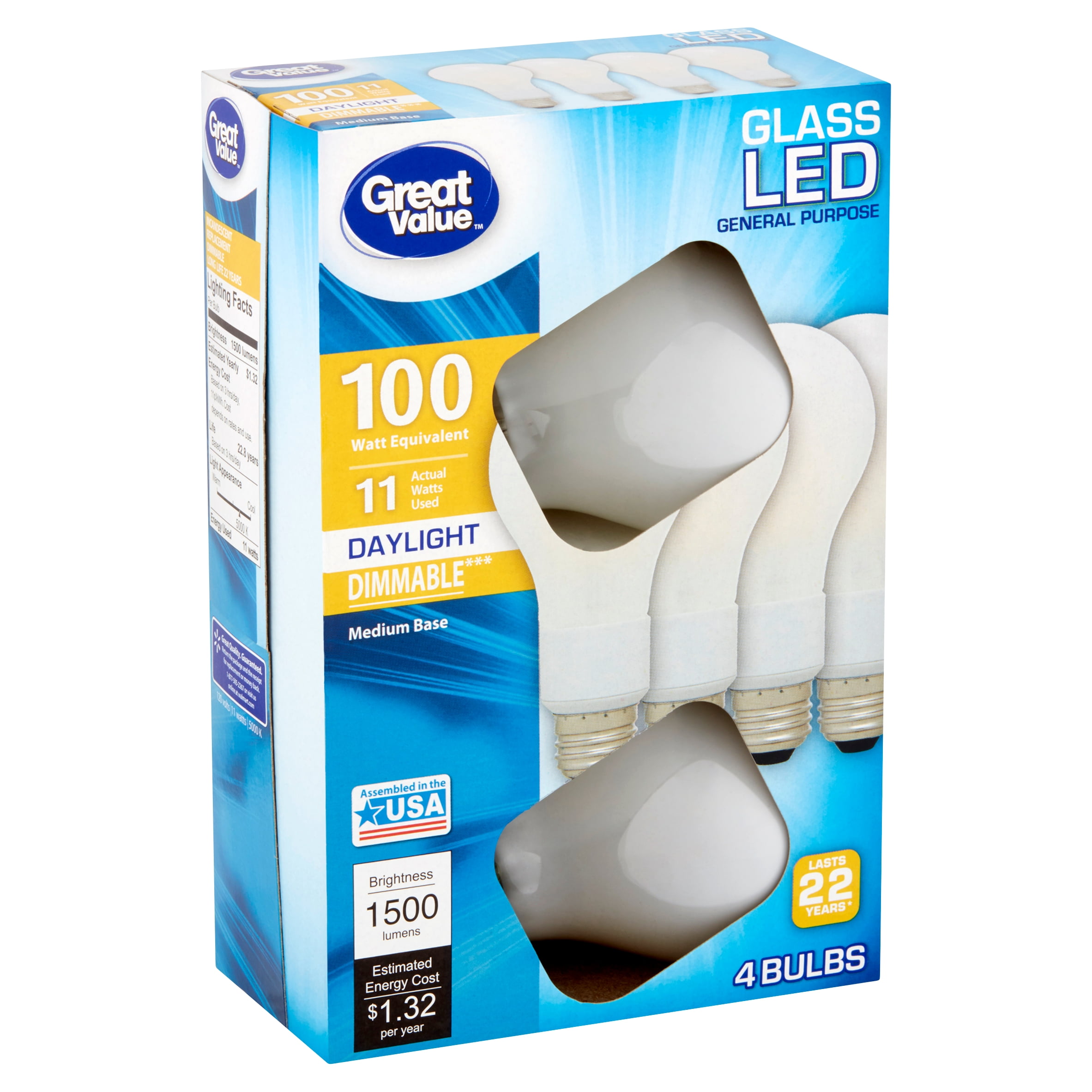 Great Value Glass LED 11 Watts Daylight Medium Base Bulbs, 4 count ...