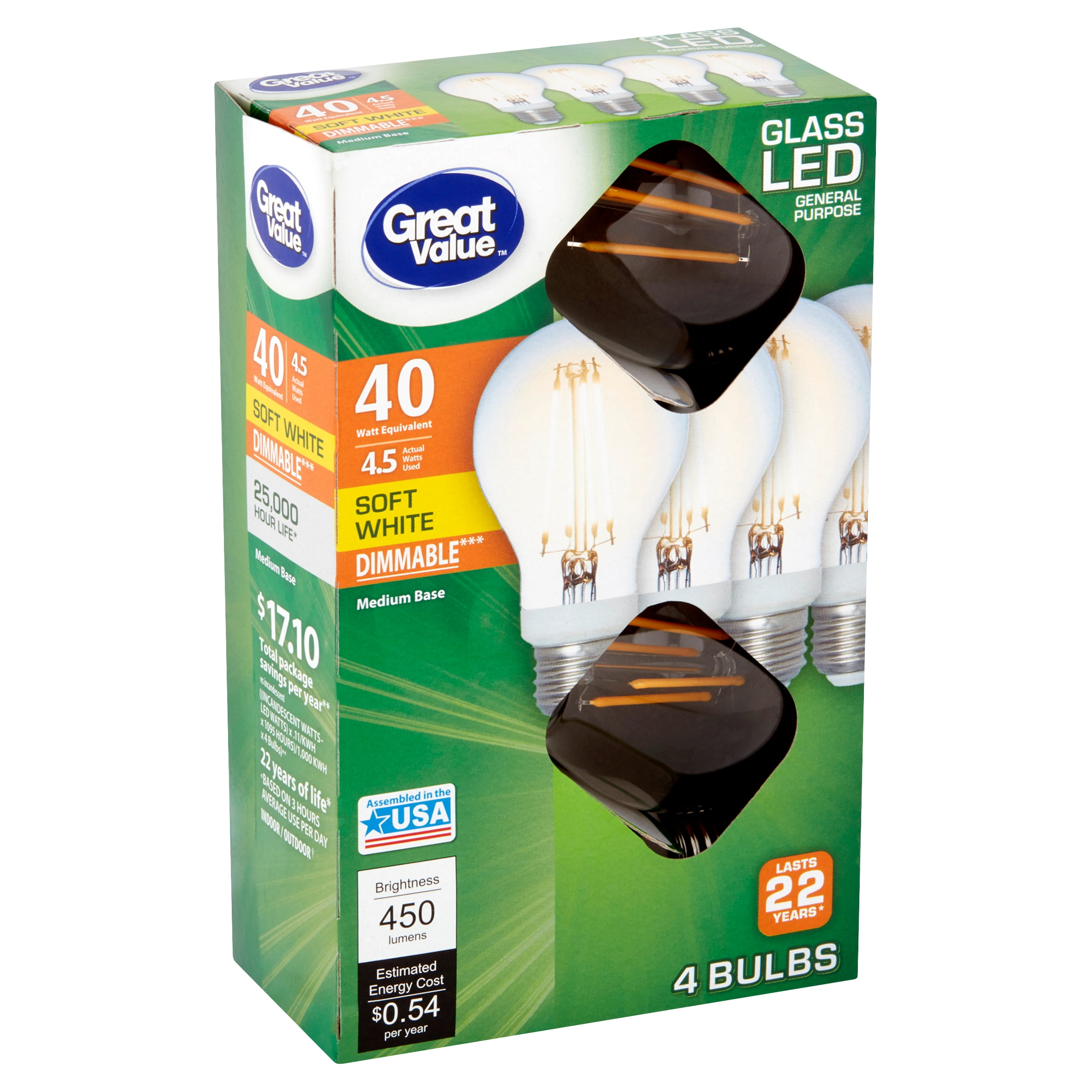Great Value Glass LED 4.5 Watt Soft White Medium Base Bulbs, 4 count ...