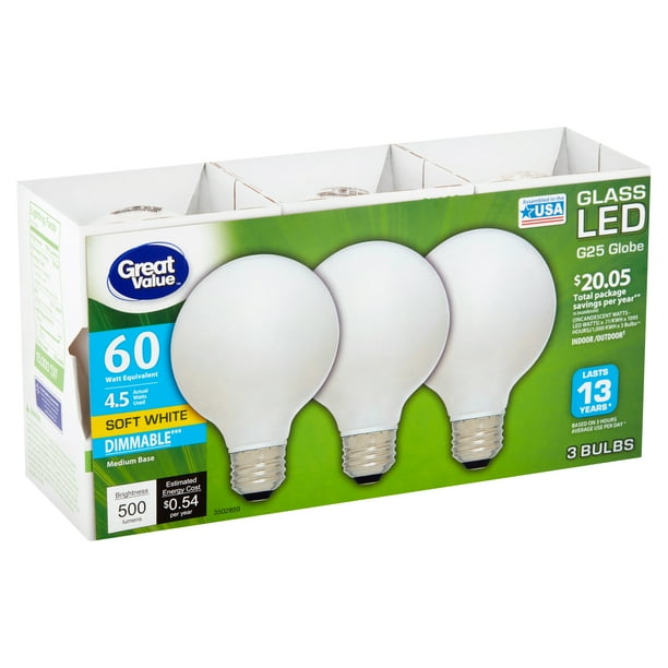 Great Value Glass LED 4.5 Watts G25 Globe Soft White Medium Base Bulbs ... Great Value Glass LED 4.5 Watts G25 Globe Soft White Medium Base Bulbs ...