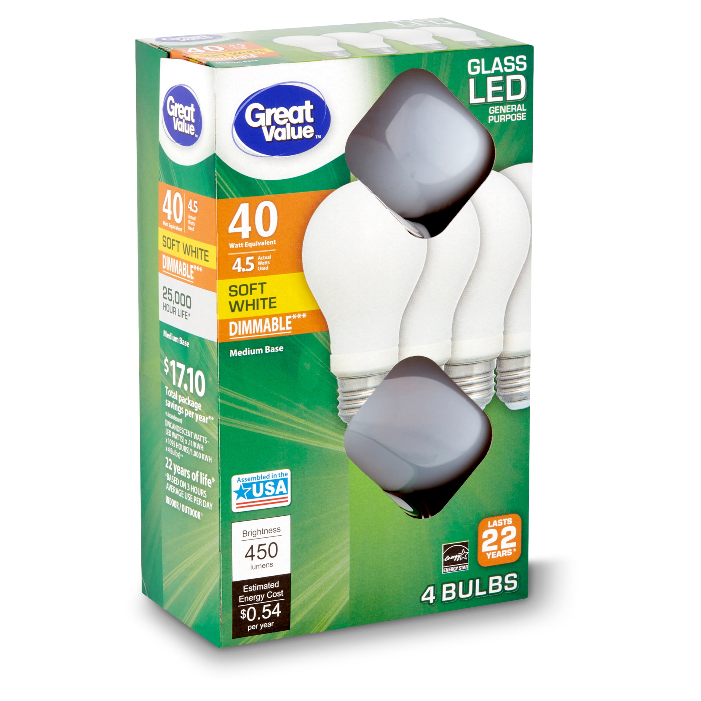 Great Value Glass LED 4.5 Watts General Purpose Soft White Medium Base ...