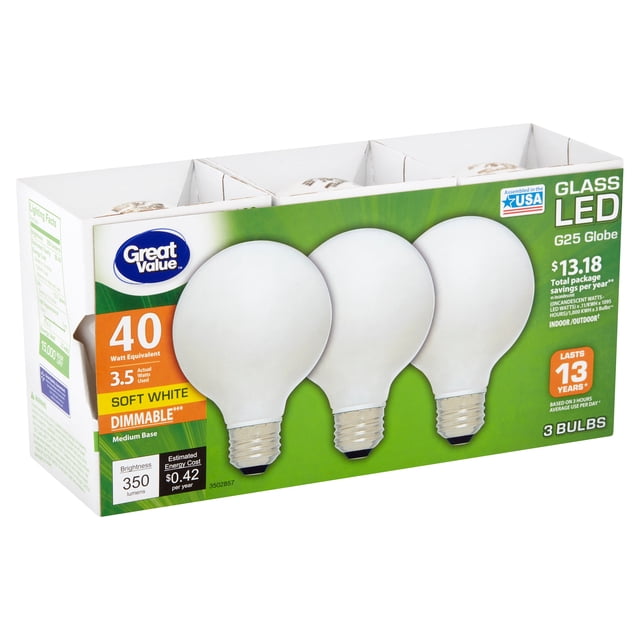 Great Value Glass LED G25 Globe 3.5 Watts Soft White Medium Base Bulbs ...