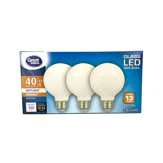 Great Value Glass LED G25 Globe Light Bulbs, 40W, Daylight, 3 Count ...