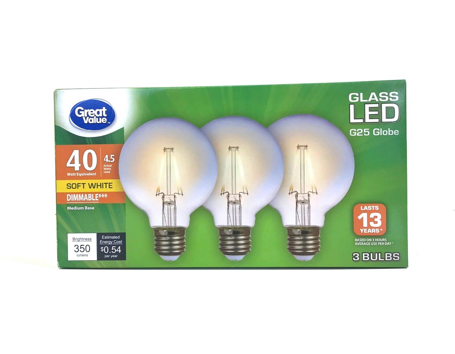 Great Value Glass LED G25 Globe Light Bulbs, 40W, Soft White, 3 Count ...