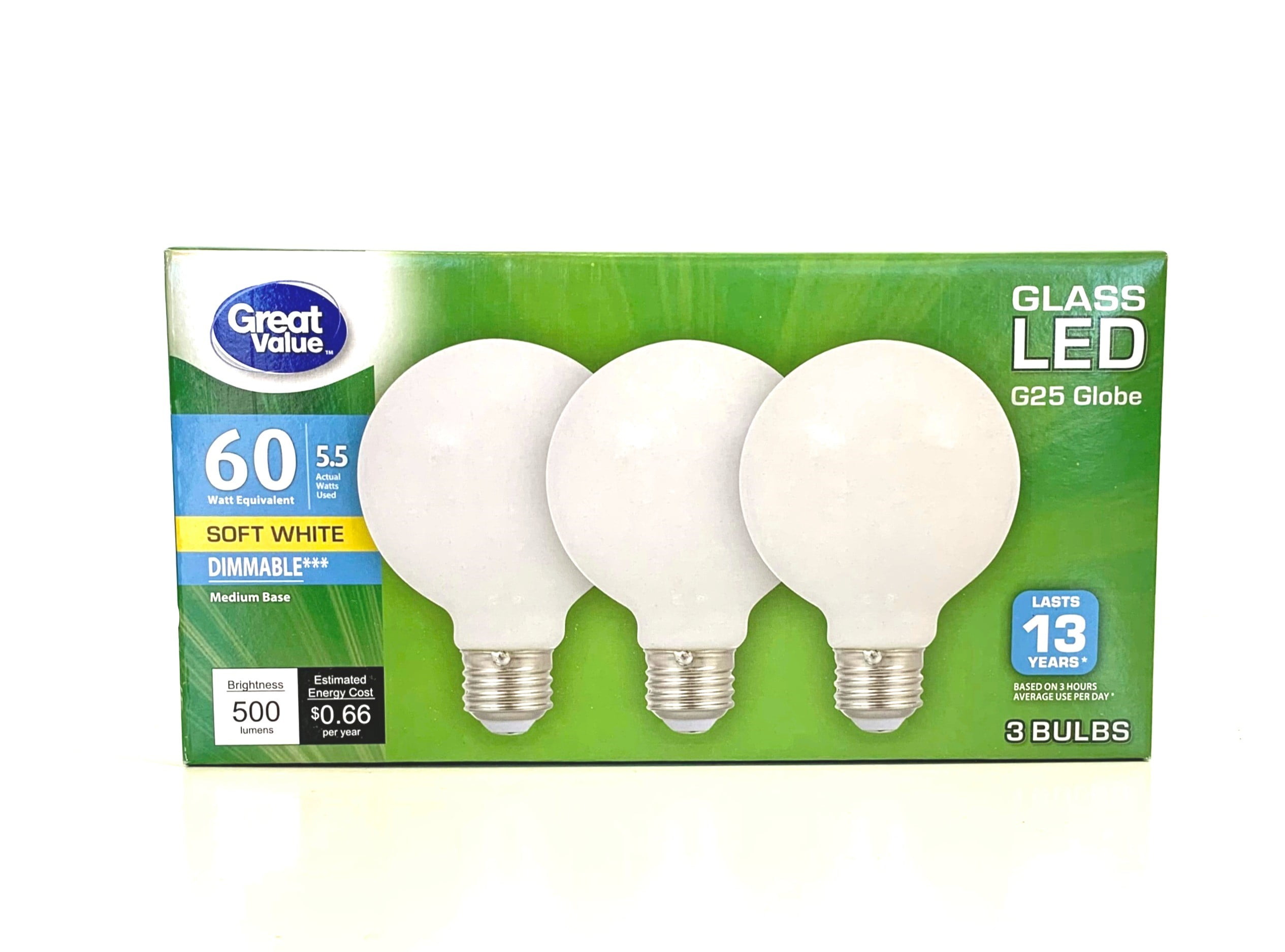 Great Value Glass LED G25 Globe Light Bulbs, 60W, Soft White, 3 Count ...