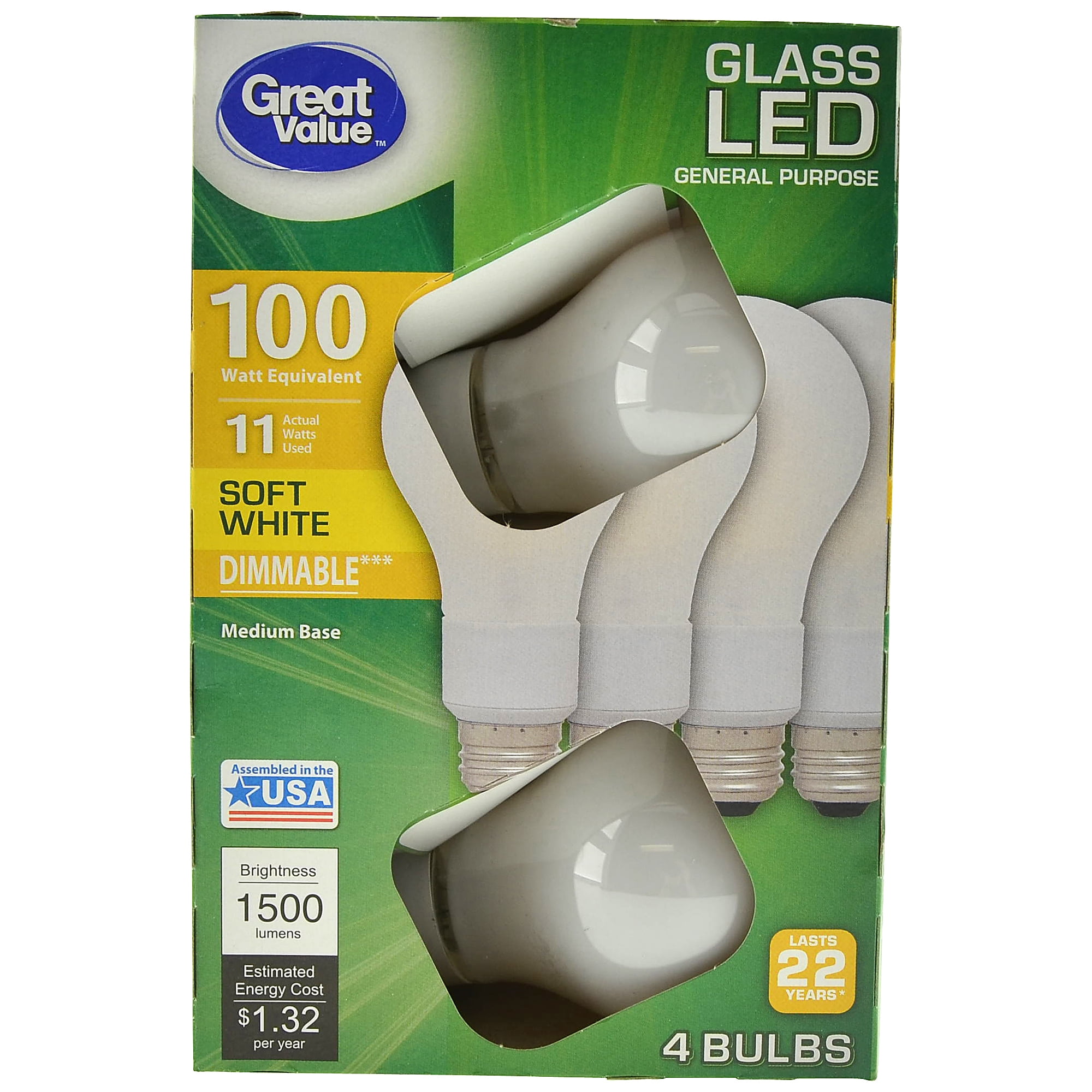 Great Value Glass LED General Purpose Bulb, 11W, Soft White, 4 Count ...