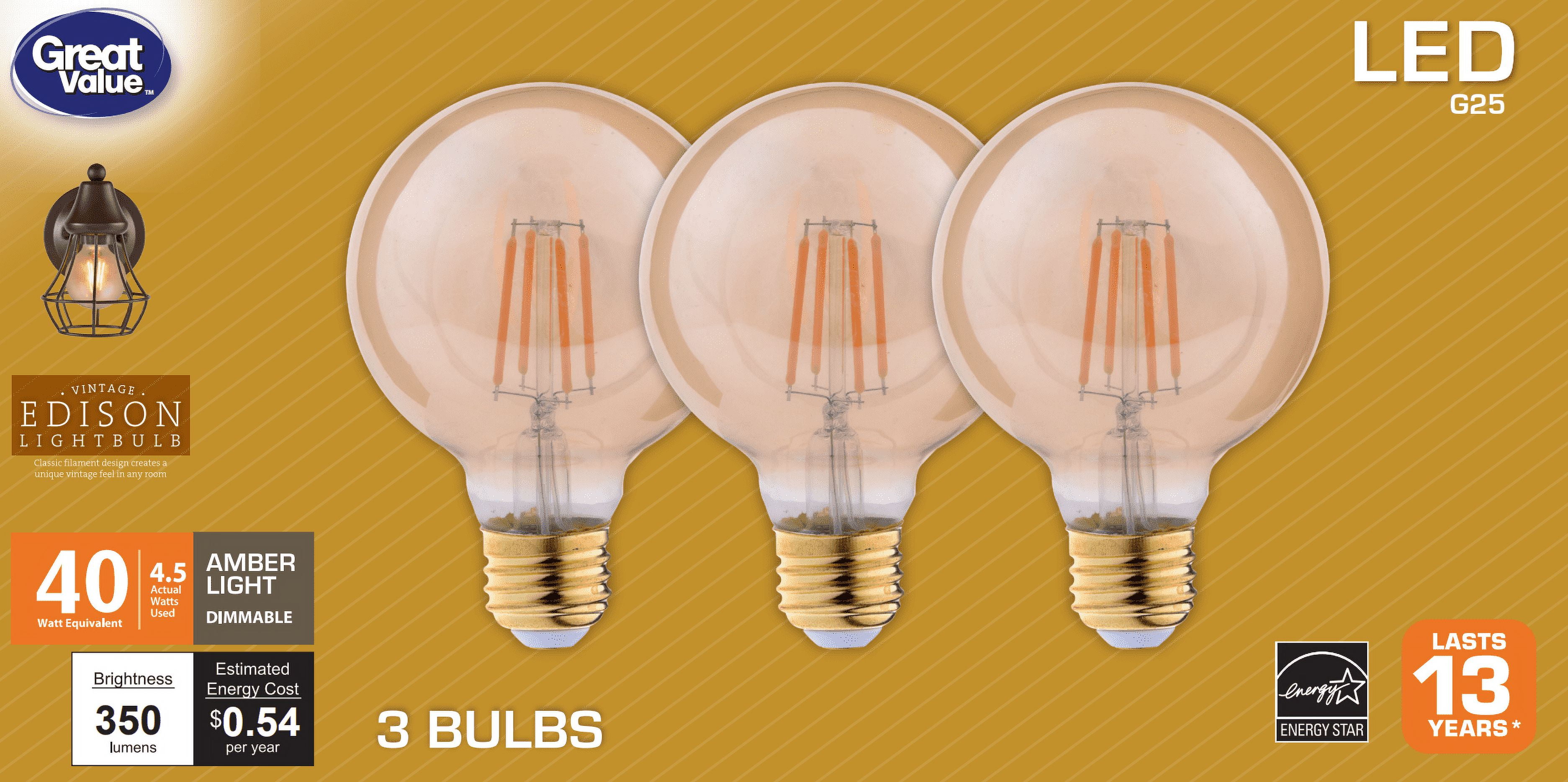 Great Value Glass Vintage Edison LED Globe, 4.5Watts, Amber Light, E26 ...