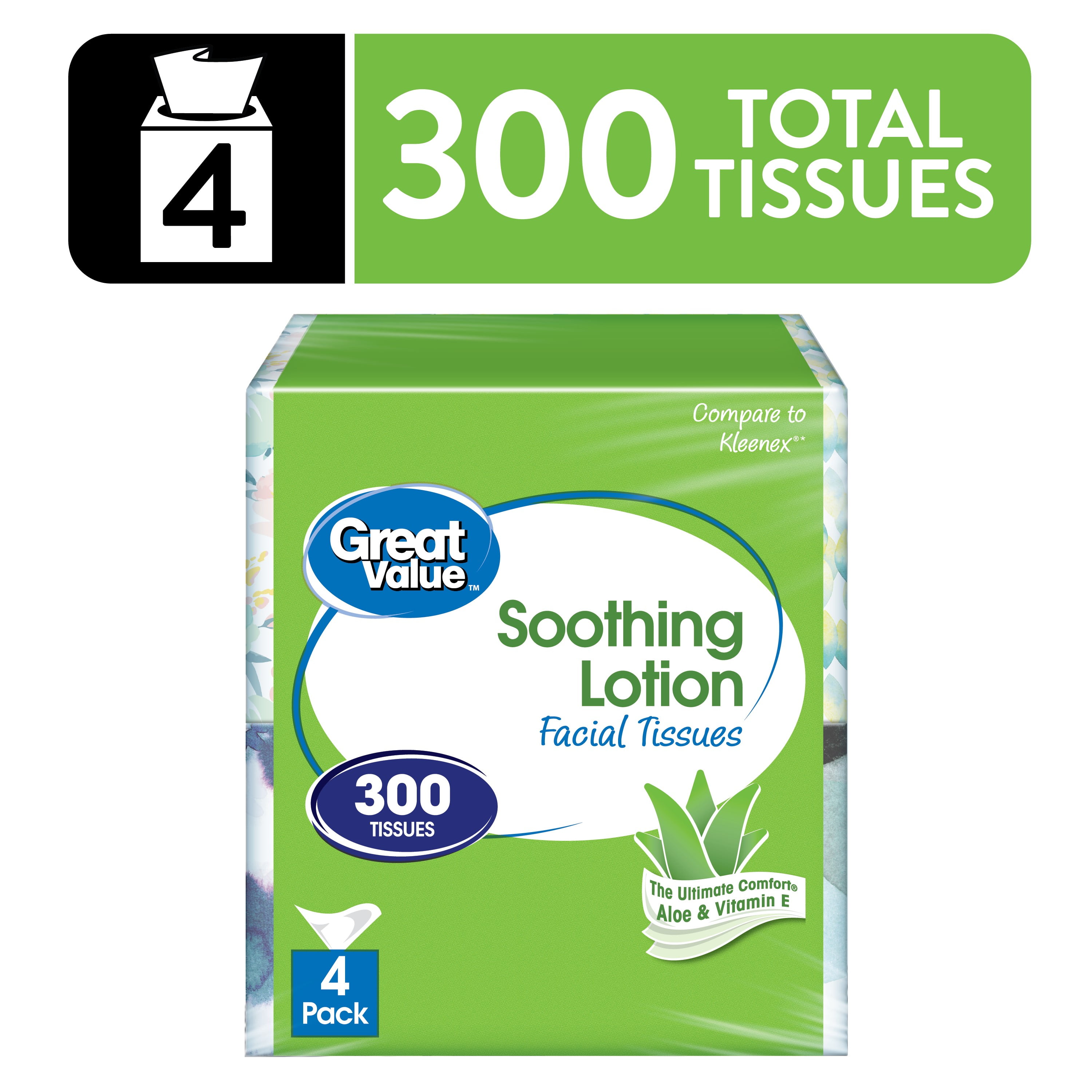 Great Value Soothing Lotion Facial Tissues, 4 Cube Cartons, 75 Tissues ...