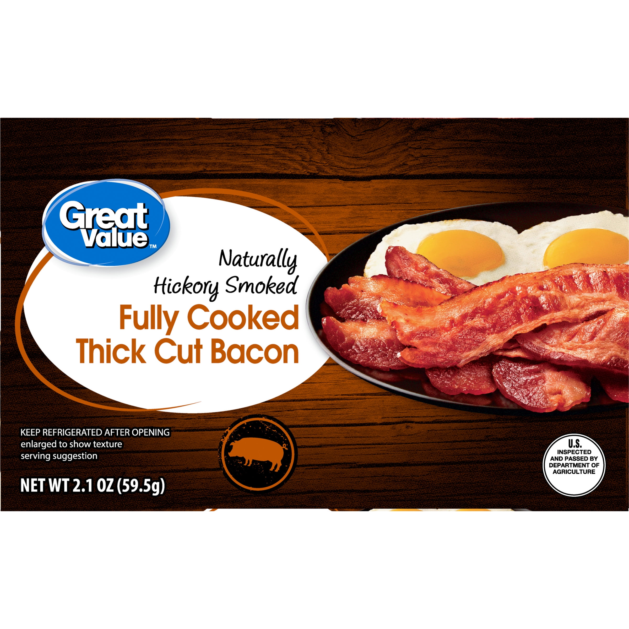 Great Value Hickory Smoked Fully Cooked Thick Cut Bacon, 2.1 oz ...